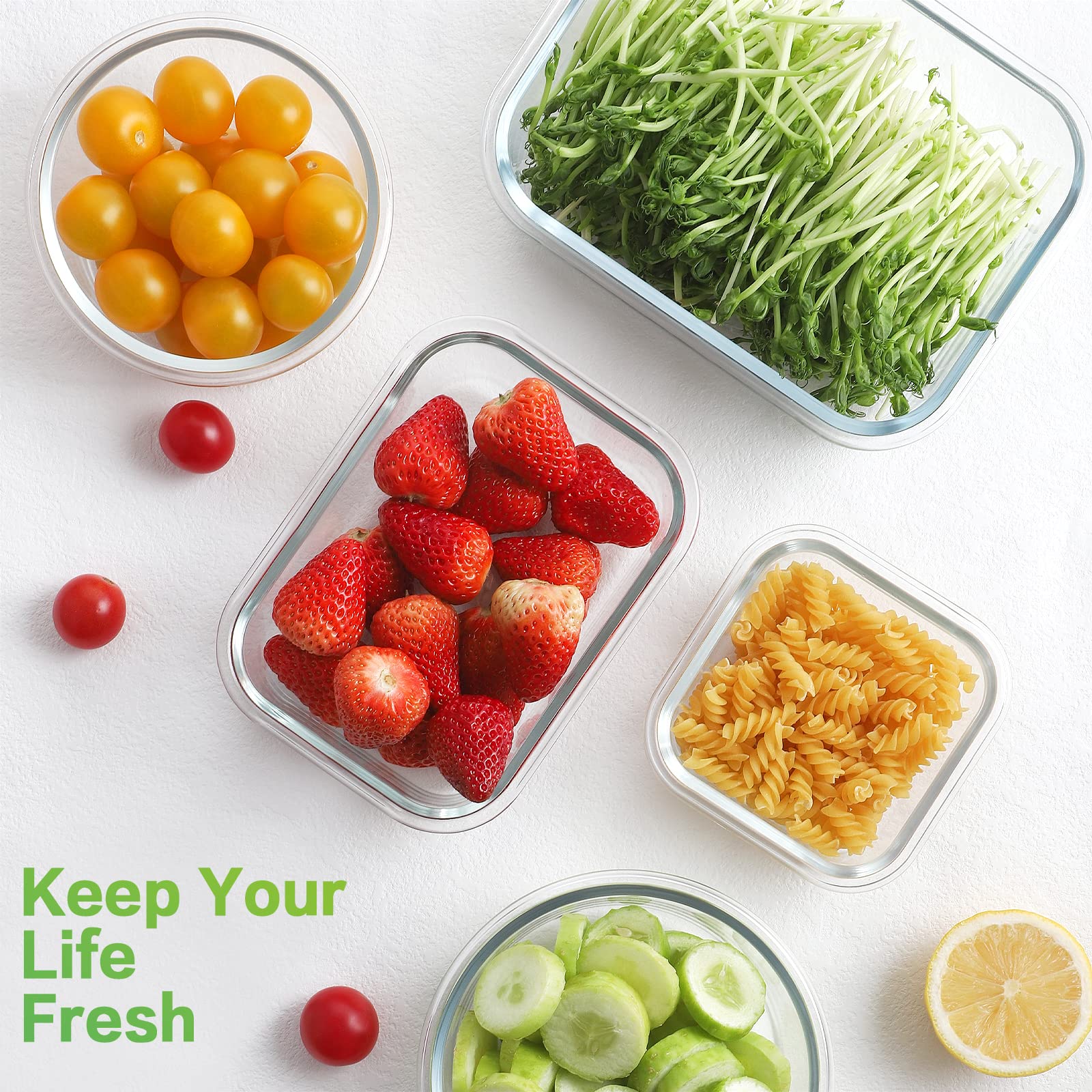 HOMBERKING Glass Food Storage Containers with Lids, [18 Piece] Glass Meal Prep Containers, Airtight Glass Lunch Bento Boxes, BPA-Free & Leak Proof (9 lids & 9 Containers) - Grey