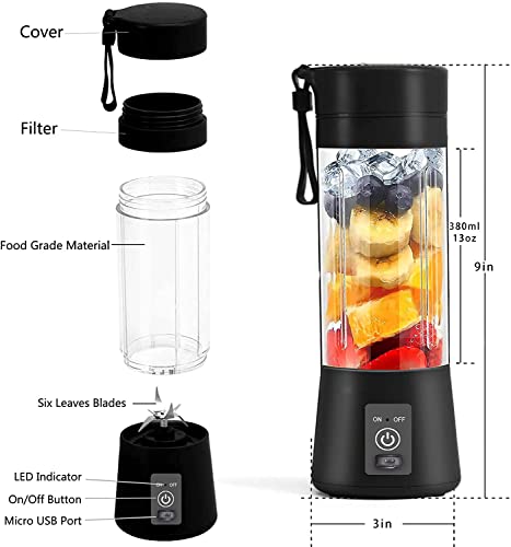 Portable Blender, Personal Mixer Fruit Rechargeable with USB, Mini Blender for Smoothie, Black