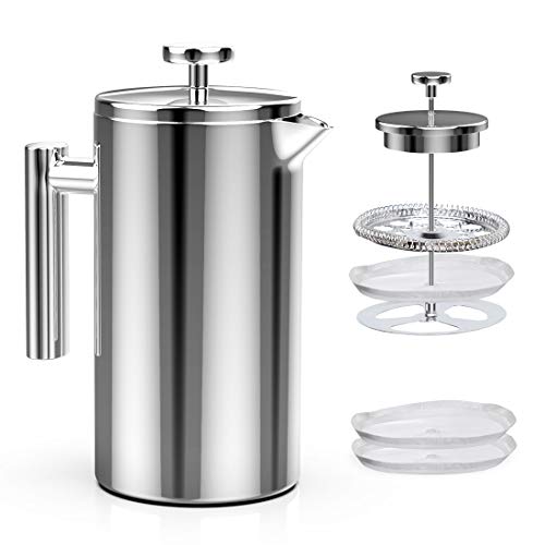 BINE French Press Coffee Maker, Stainless Steel 8 Cups 34oz Double-Wall Metal Insulated Coffee Tea Makers with 4 Level Filtration System, Rust-Free, Dishwasher Safe