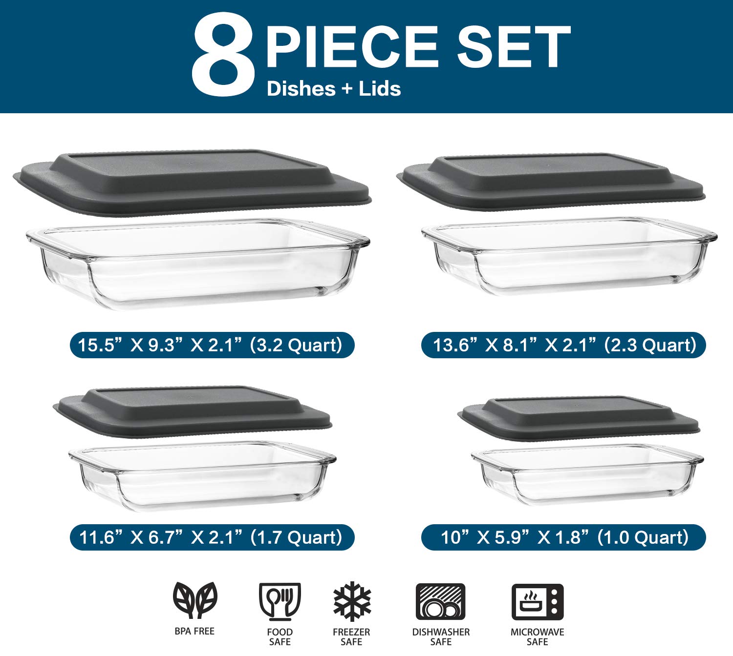 MCIRCO 8 Pcs Glass Baking Dish Set with Lids, 30 Pcs Glass Food Storage Containers with Lids, Fridge, Microwave, Oven, Dishwasher Friendly, For Cooking, Baking
