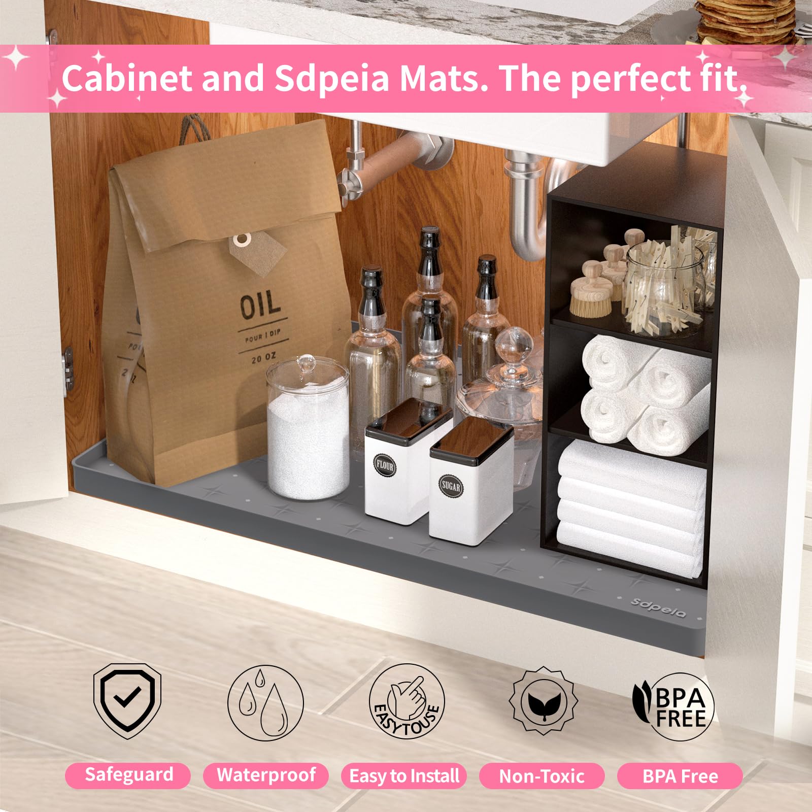 Sdpeia Under Sink Mat for [28" x 22"] Cabinet, Upgraded Silicone Waterproof Mat Kitchen Cabinet Liner Cabinet Protector Kitchen Organizers and Storage