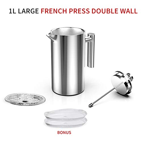 BINE French Press Coffee Maker, Stainless Steel 8 Cups 34oz Double-Wall Metal Insulated Coffee Tea Makers with 4 Level Filtration System, Rust-Free, Dishwasher Safe
