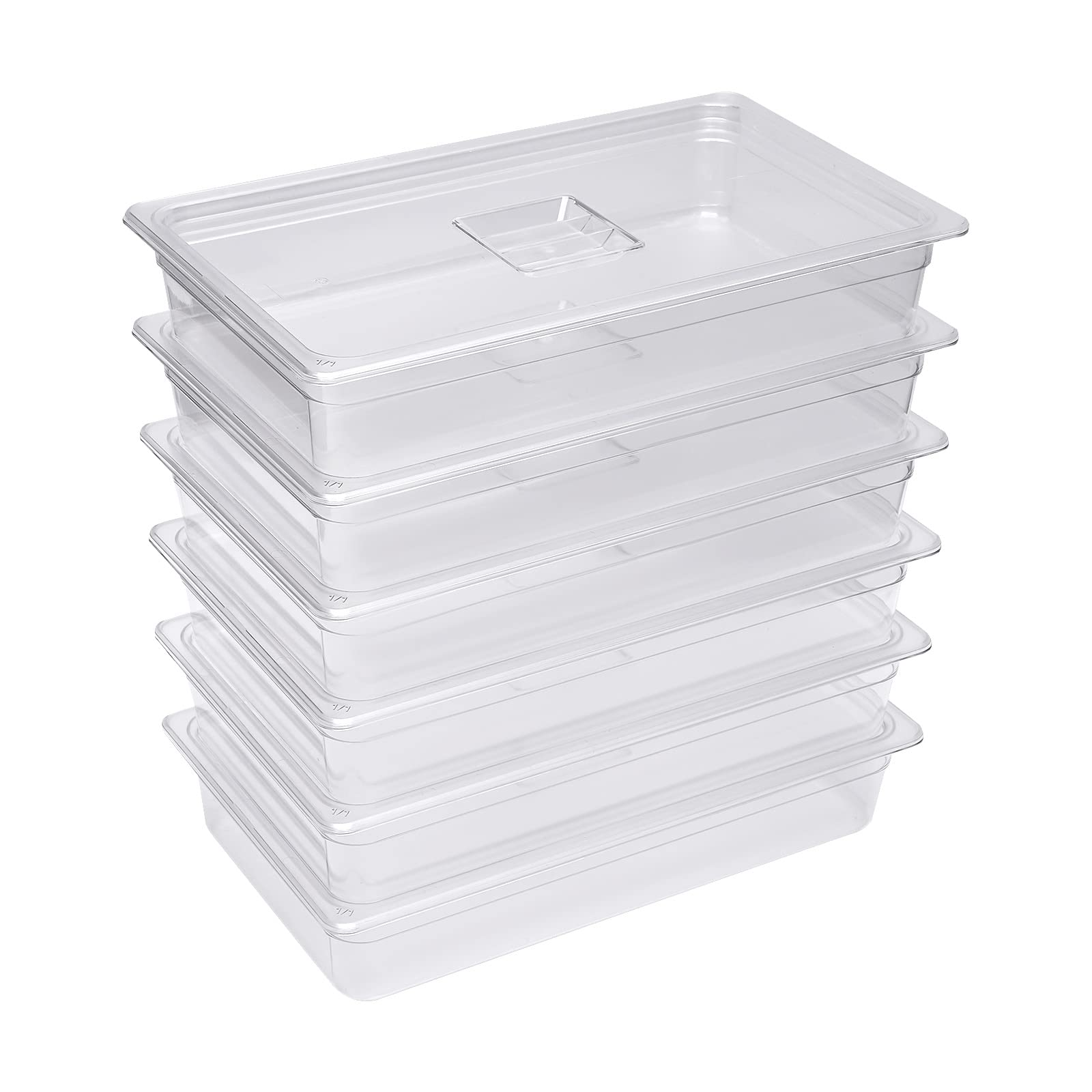 DYNAMI 6 Pack Food Pans with Lids,Full Size 4in Deep Commercial Clear PC Square Food Storage Containers,Heat-Resistant,Freezer-Safe To Store Vegetables,Fruits, Meats, Grains, for Kitchen Restaurant