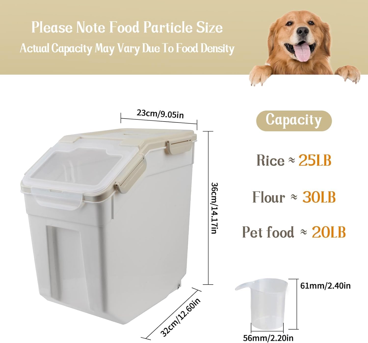 Rice Storage Container 25 lb (15 Liters) with Measuring Cup, 2 Packs Flour Storage Containers with Wheels, BPA Free Rice Dispenser Bin for Rice | Grain | Pet Food | Flour - Grey