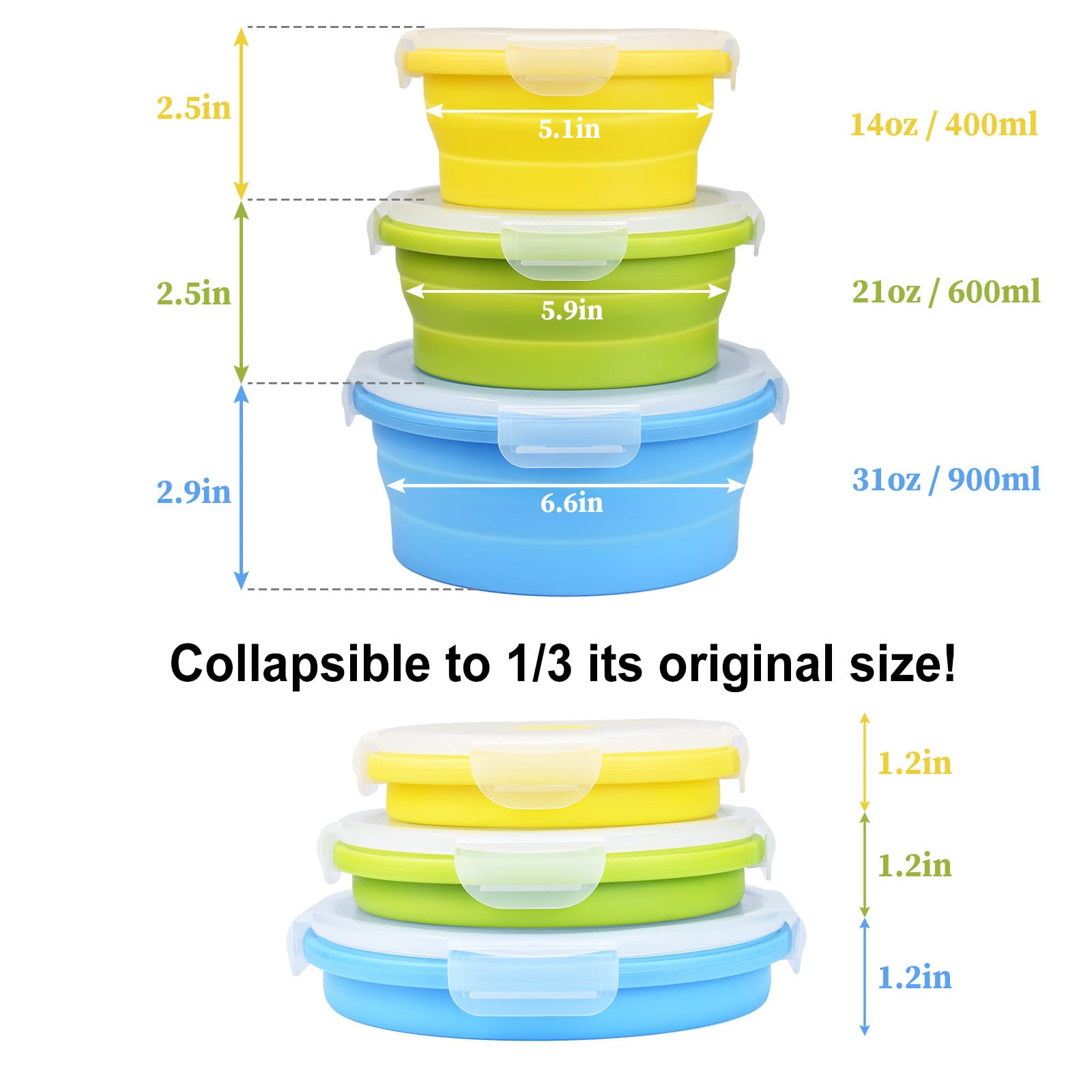 LBTING Food Storage Containers with Lids, 3 Pack Silicone Collapsible BPA Free Lunch Box Airtight Vacuum Seal, Freezer Microwave Rv Organizers for Fruit Leftover Food