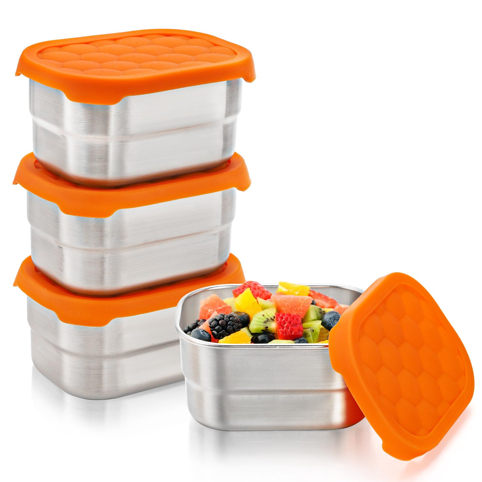 Goaste 4 Pack Stainless Steel Containers, 8 OZ Small Snack Container with Silicon Lids, Leakproof Sauce Dip Containers, Kids Lunch Box Food Container for School, Picnics, Camping Trips, Rectangle