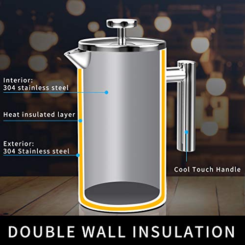 BINE French Press Coffee Maker, Stainless Steel 8 Cups 34oz Double-Wall Metal Insulated Coffee Tea Makers with 4 Level Filtration System, Rust-Free, Dishwasher Safe