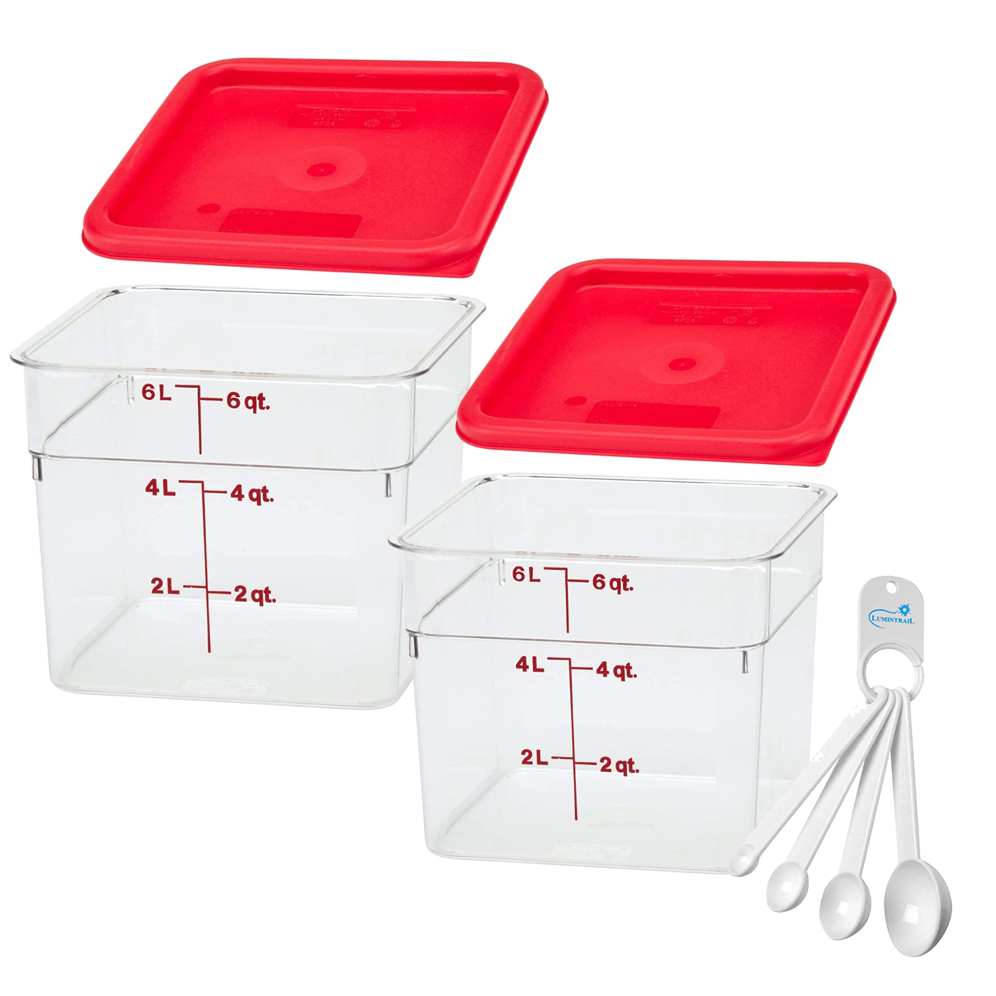 Cambro 6 Qt Square Food Storage Container with Red Lid, 2-Pack Bundle Includes a Measuring Spoon Set