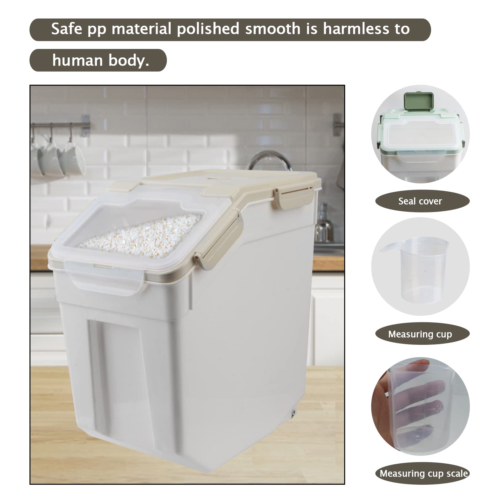 Rice Storage Container 25 lb (15 Liters) with Measuring Cup, 2 Packs Flour Storage Containers with Wheels, BPA Free Rice Dispenser Bin for Rice | Grain | Pet Food | Flour - Grey