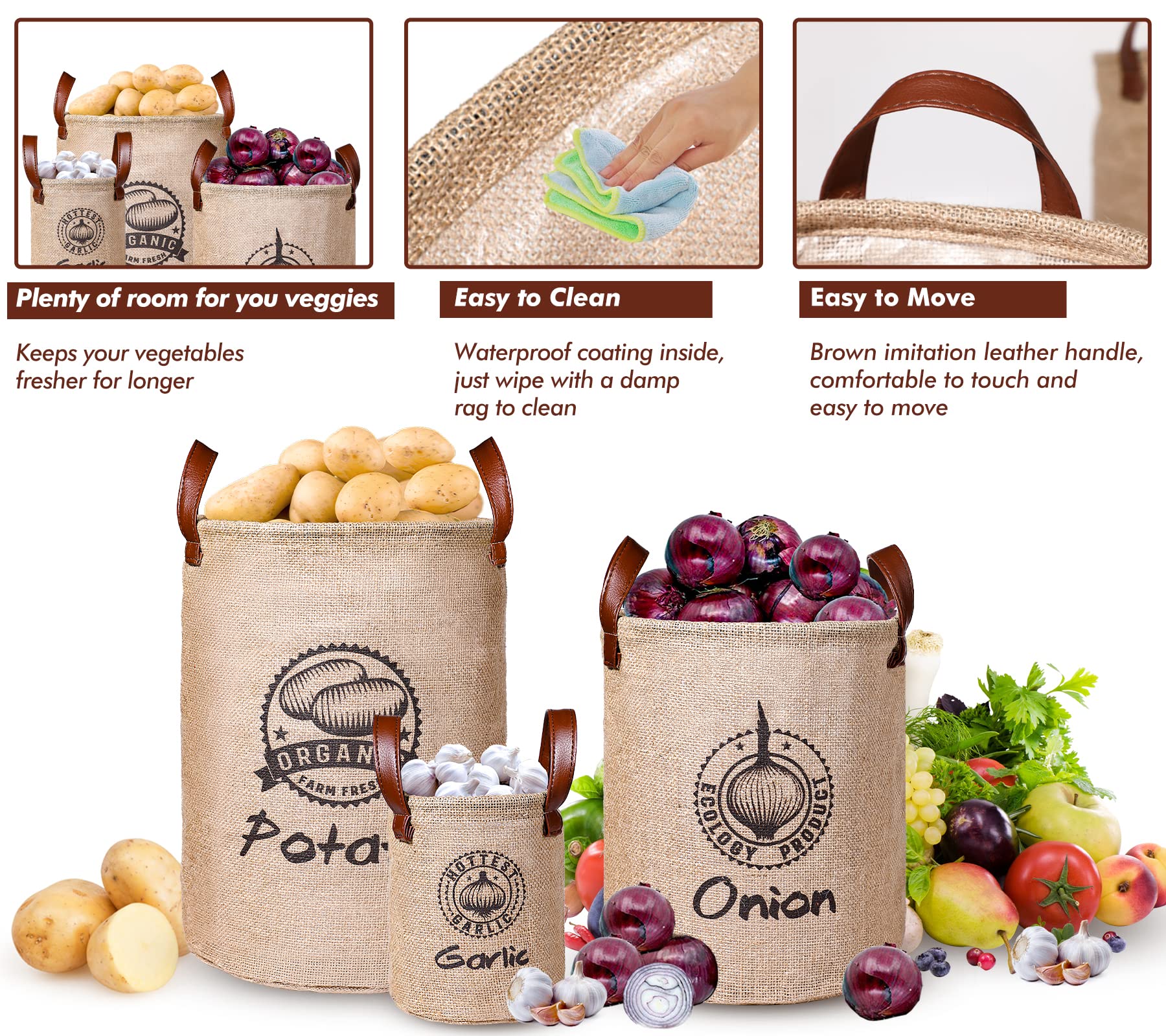 Kamehame Potato and Onion Storage Baskets Pack of 3, Lined Burlap Pantry Storage Bins for Potato Onion Garlic with Handles