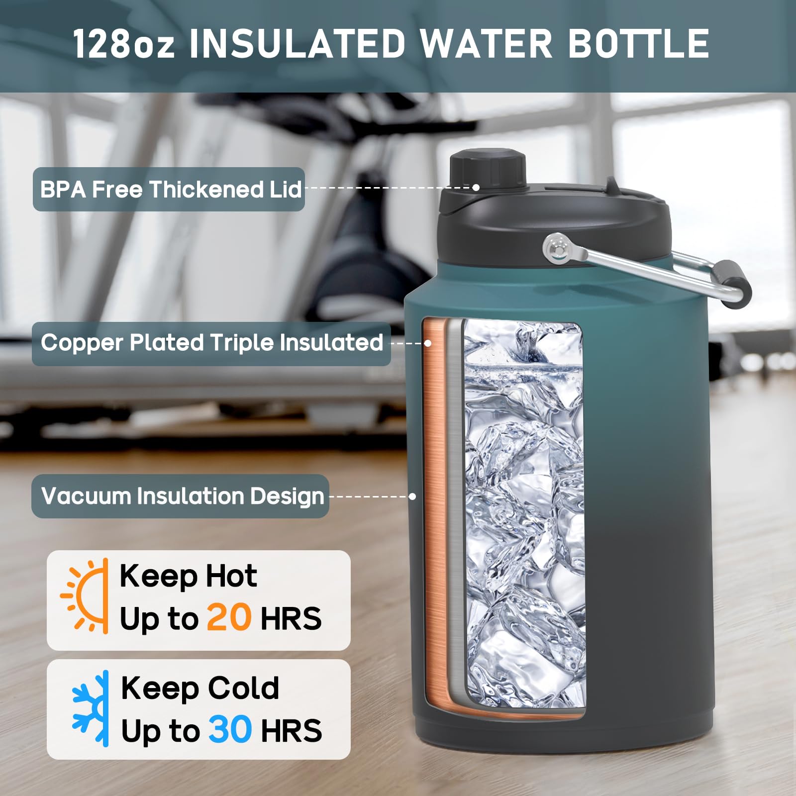 Cafezi 1 Gallon Water Jug, 2-in-1 LID, Flip Straw and Spout, Insulated Triple Wall 128 oz Water Bottle for Cold & Hot Drinks, Leak Proof, Top Handle, Great for Beach Days, Sports, Fishing, Camping