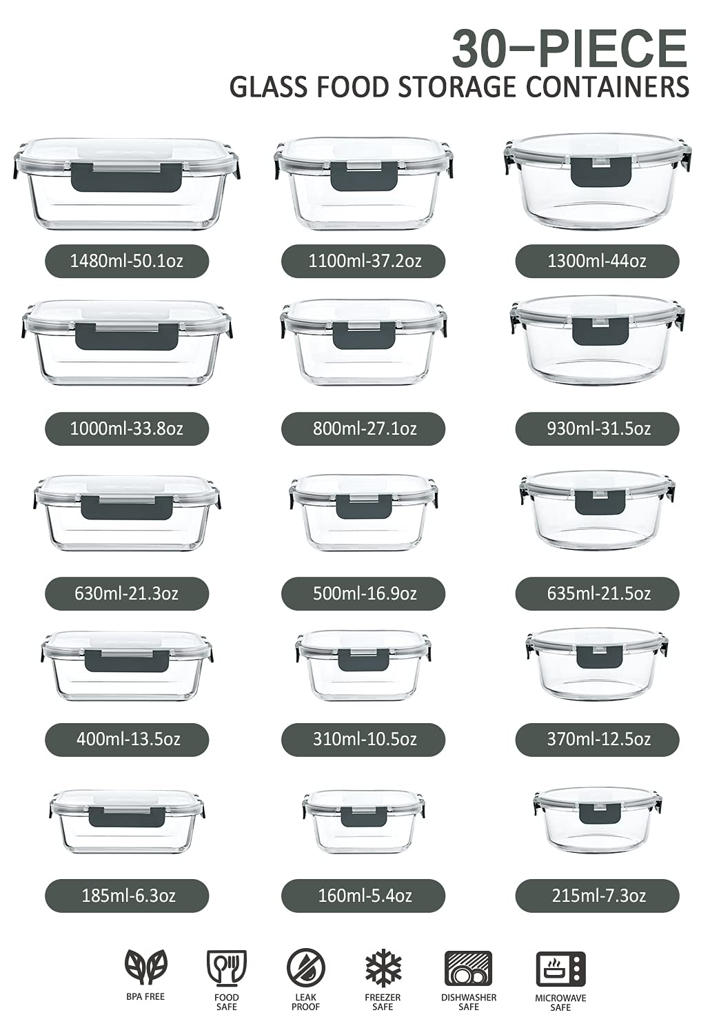 MCIRCO 8 Pcs Glass Baking Dish Set with Lids, 30 Pcs Glass Food Storage Containers with Lids, Fridge, Microwave, Oven, Dishwasher Friendly, For Cooking, Baking