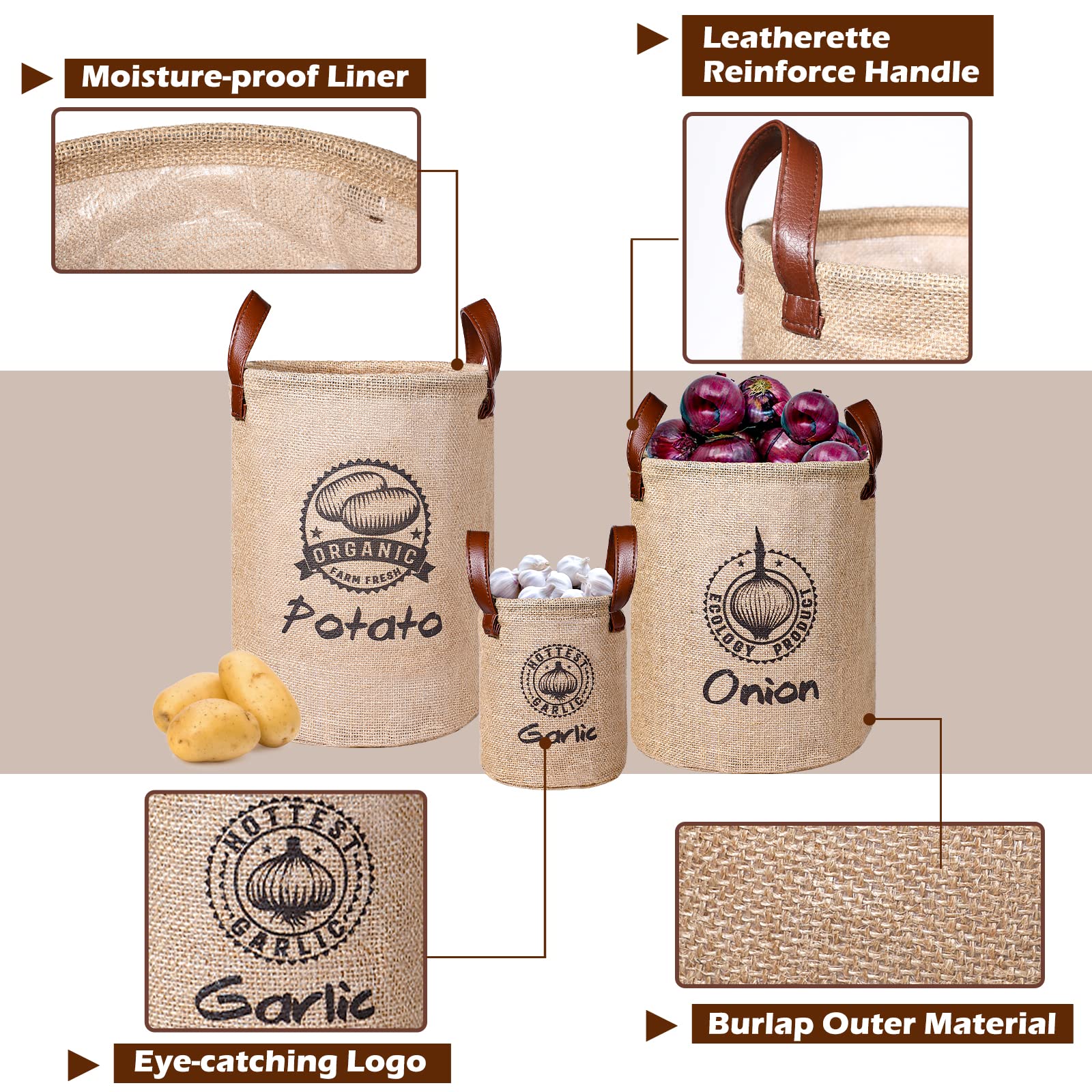 Kamehame Potato and Onion Storage Baskets Pack of 3, Lined Burlap Pantry Storage Bins for Potato Onion Garlic with Handles