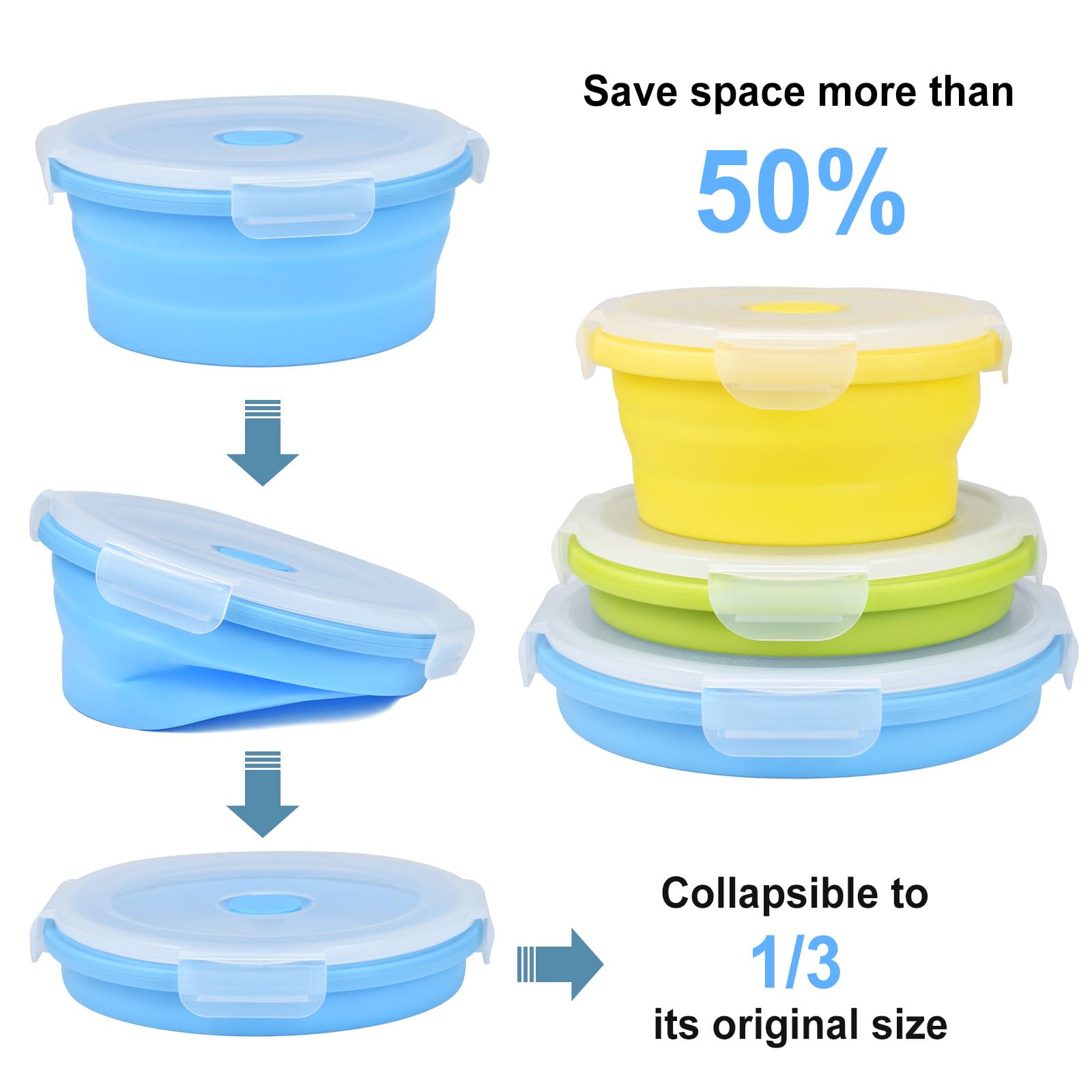 LBTING Food Storage Containers with Lids, 3 Pack Silicone Collapsible BPA Free Lunch Box Airtight Vacuum Seal, Freezer Microwave Rv Organizers for Fruit Leftover Food