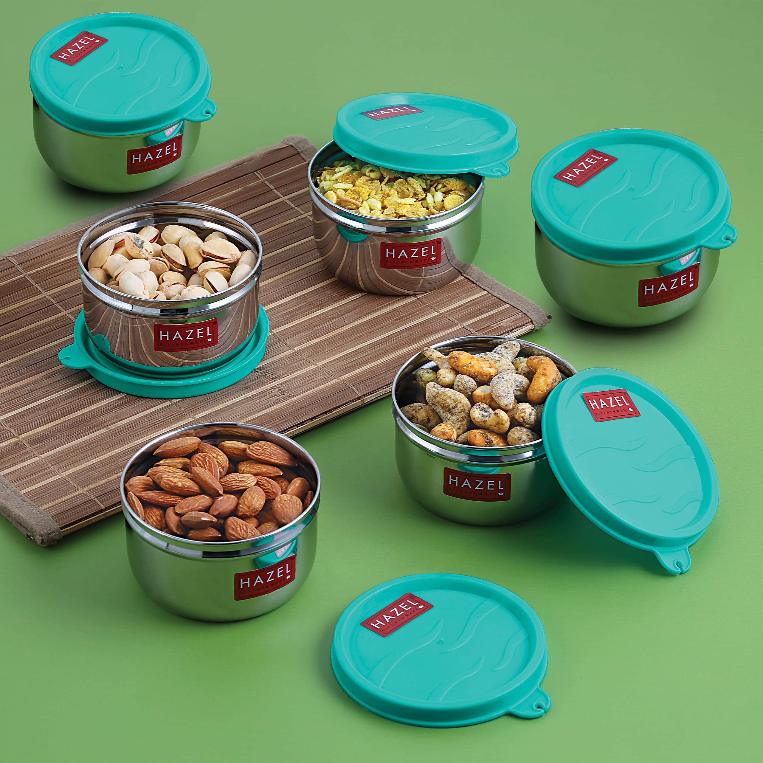 Hazel Stainless Steel Kitchen Containers Set of 6 | Storage Box for Kitchen & Tiffin Boxes | Air Tight Containers for Storage with Leak Proof Lid, 250 ML Each