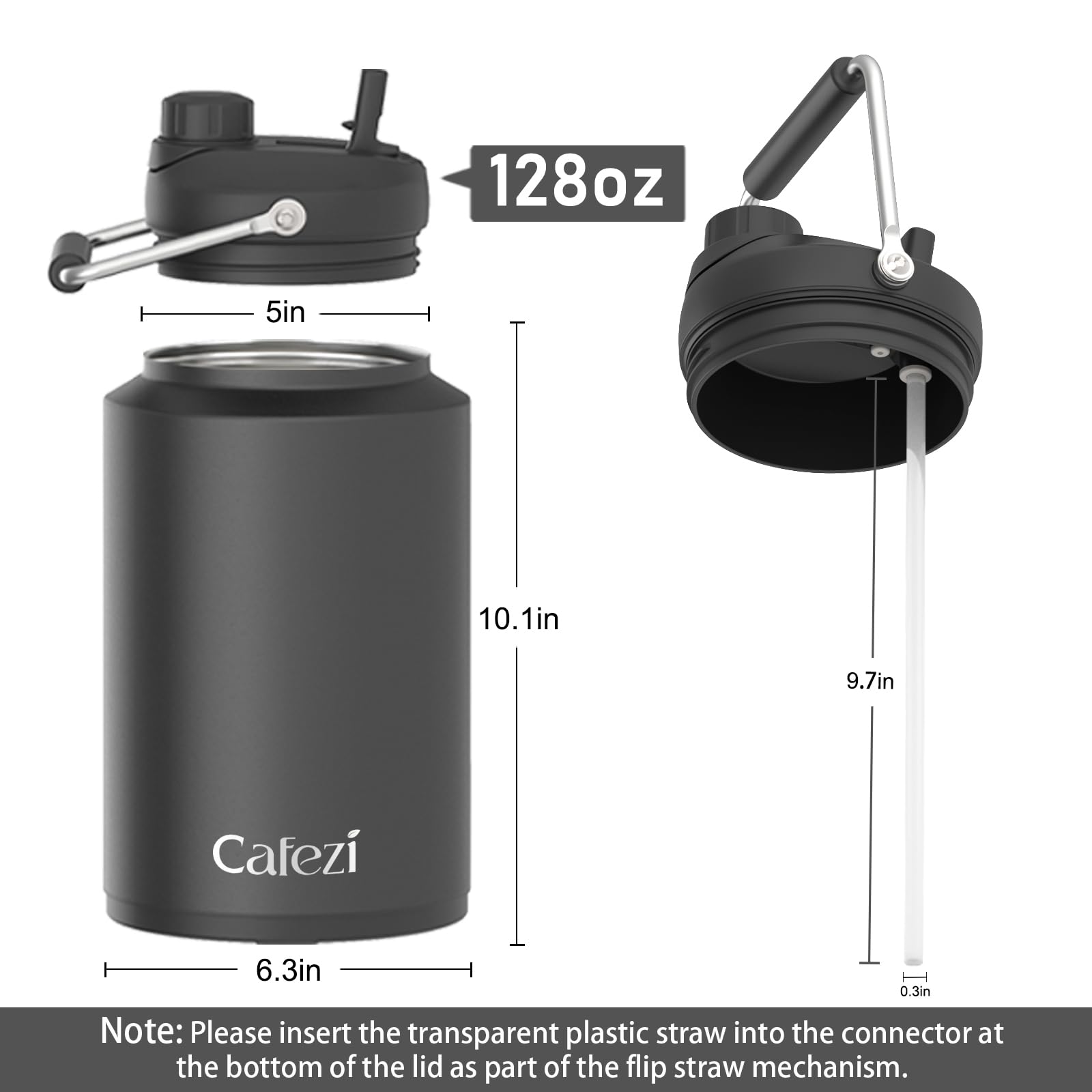 Cafezi 1 Gallon Water Jug, 2-in-1 LID, Flip Straw and Spout, Insulated Triple Wall 128 oz Water Bottle for Cold & Hot Drinks, Leak Proof, Top Handle, Great for Beach Days, Sports, Fishing, Camping