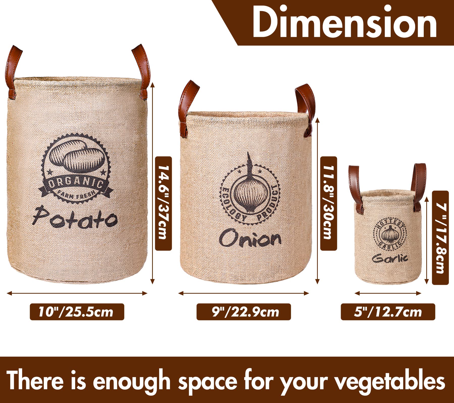 Kamehame Potato and Onion Storage Baskets Pack of 3, Lined Burlap Pantry Storage Bins for Potato Onion Garlic with Handles