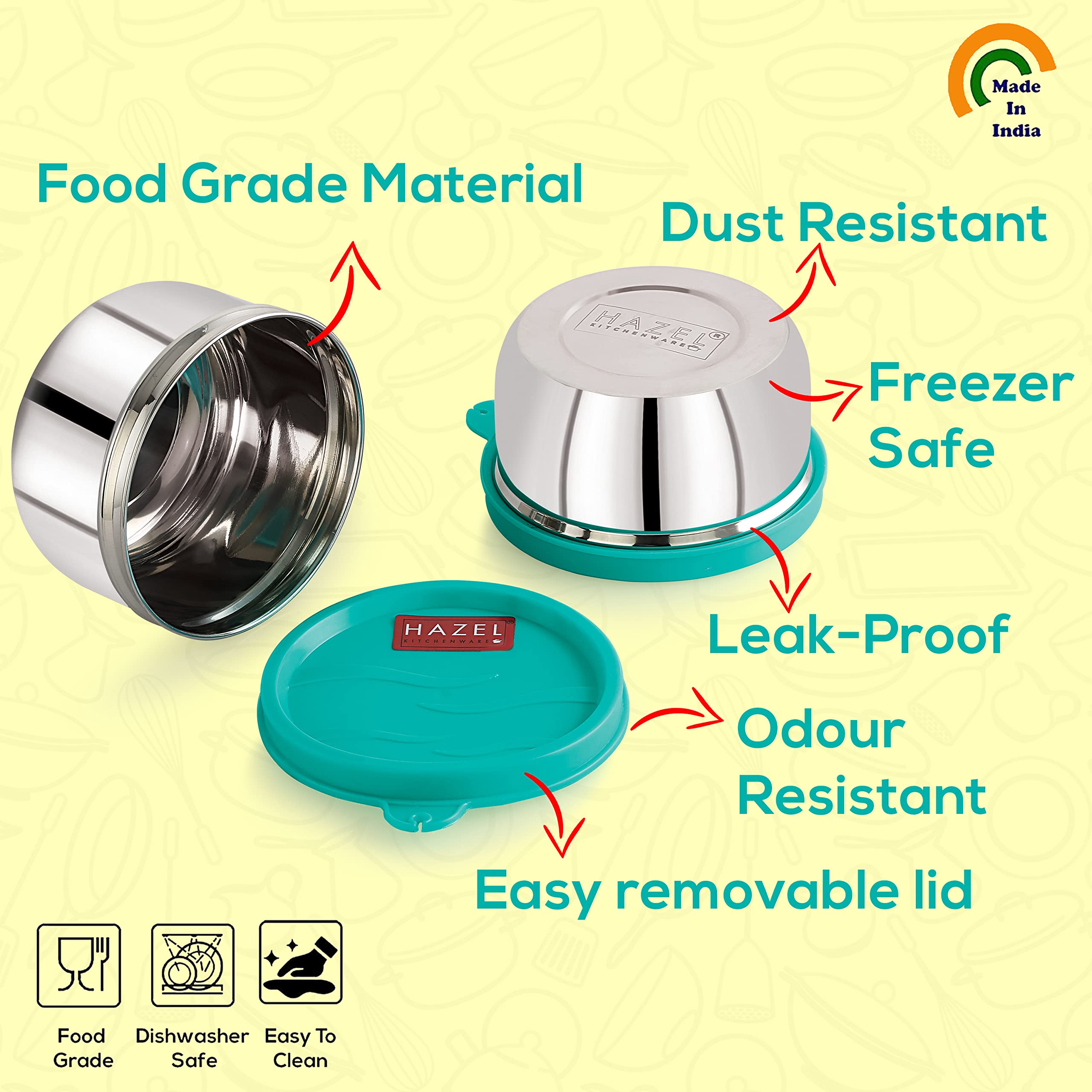Hazel Stainless Steel Kitchen Containers Set of 6 | Storage Box for Kitchen & Tiffin Boxes | Air Tight Containers for Storage with Leak Proof Lid, 250 ML Each