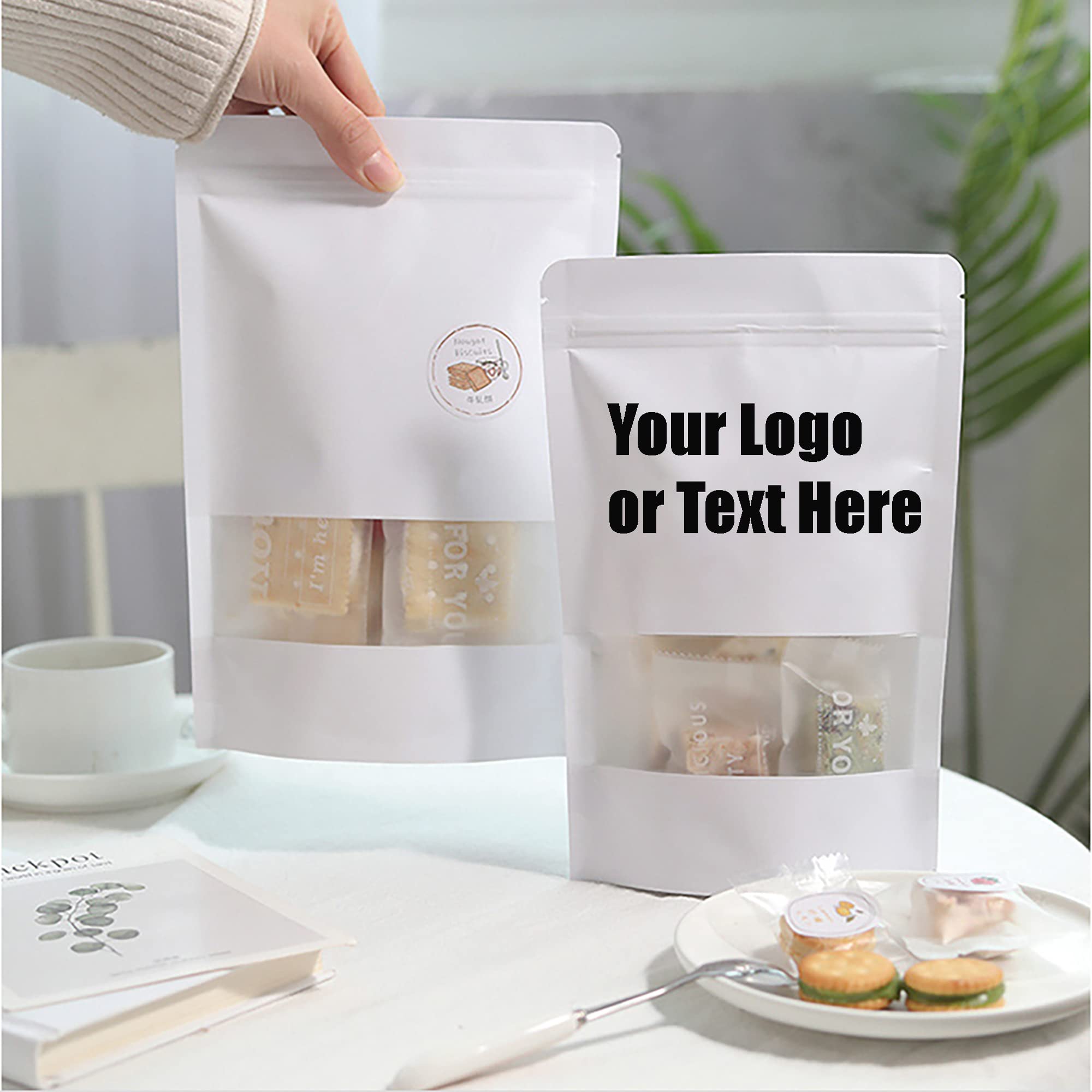 GICOHI 50 PCS Custom Kraft Paper Bag with Window,Personalized Stand up Zip Lock Pouches Food Storage Bags, Reclosable Bags for Home, Wedding, Party Products (White Kraft Bag)