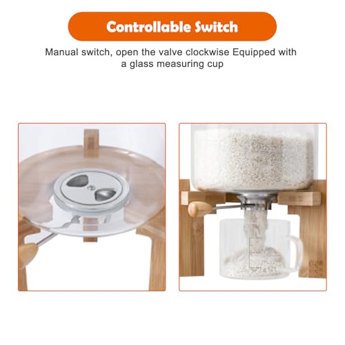 Kaichenyt 7.5L Rice Dispenser, Flour and Cereal Container, Glass Food Storge Container with Airtight Lid and Wooden Stand for Rice, Beans, Ground Coffee (7.5L)