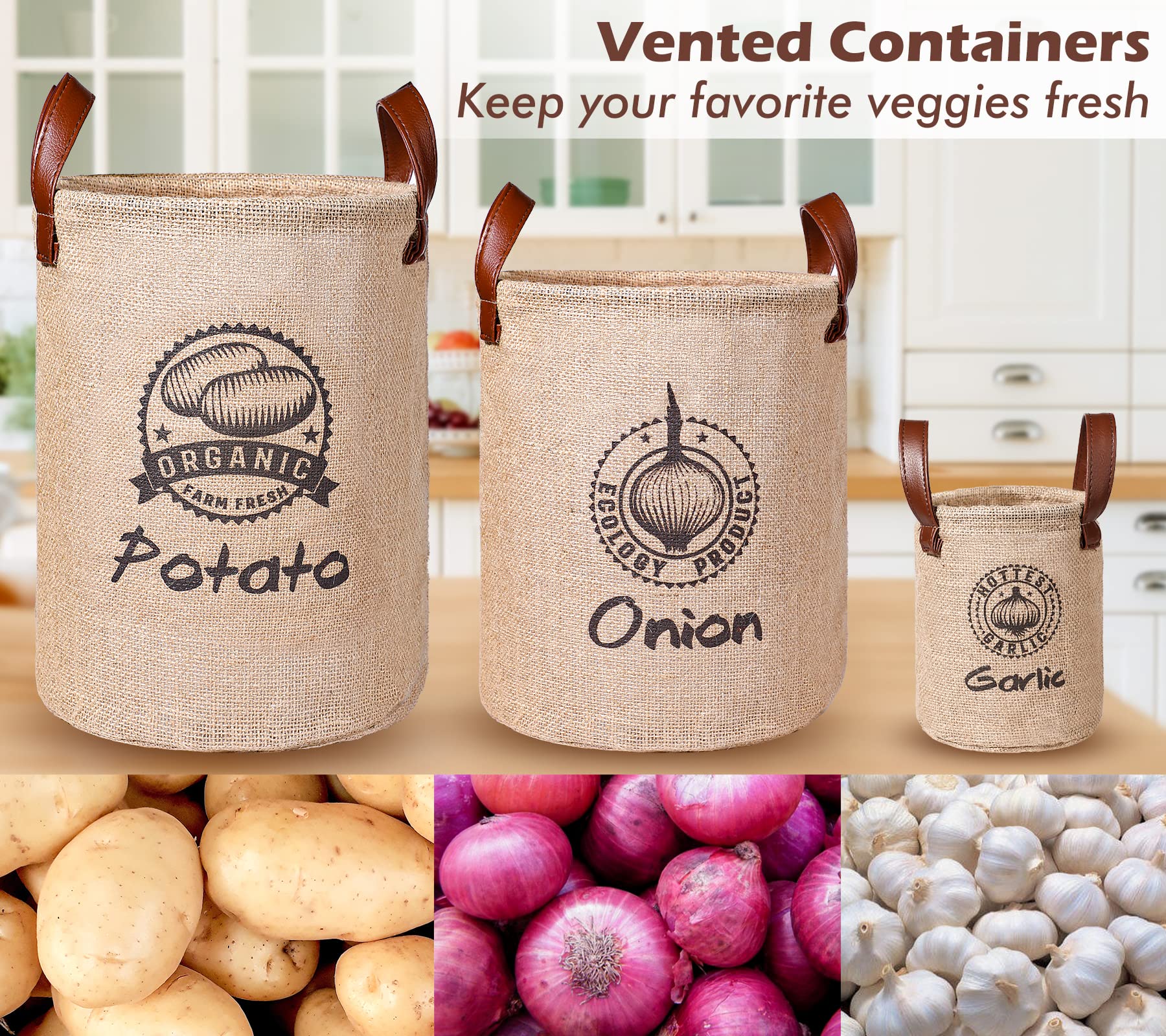 Kamehame Potato and Onion Storage Baskets Pack of 3, Lined Burlap Pantry Storage Bins for Potato Onion Garlic with Handles