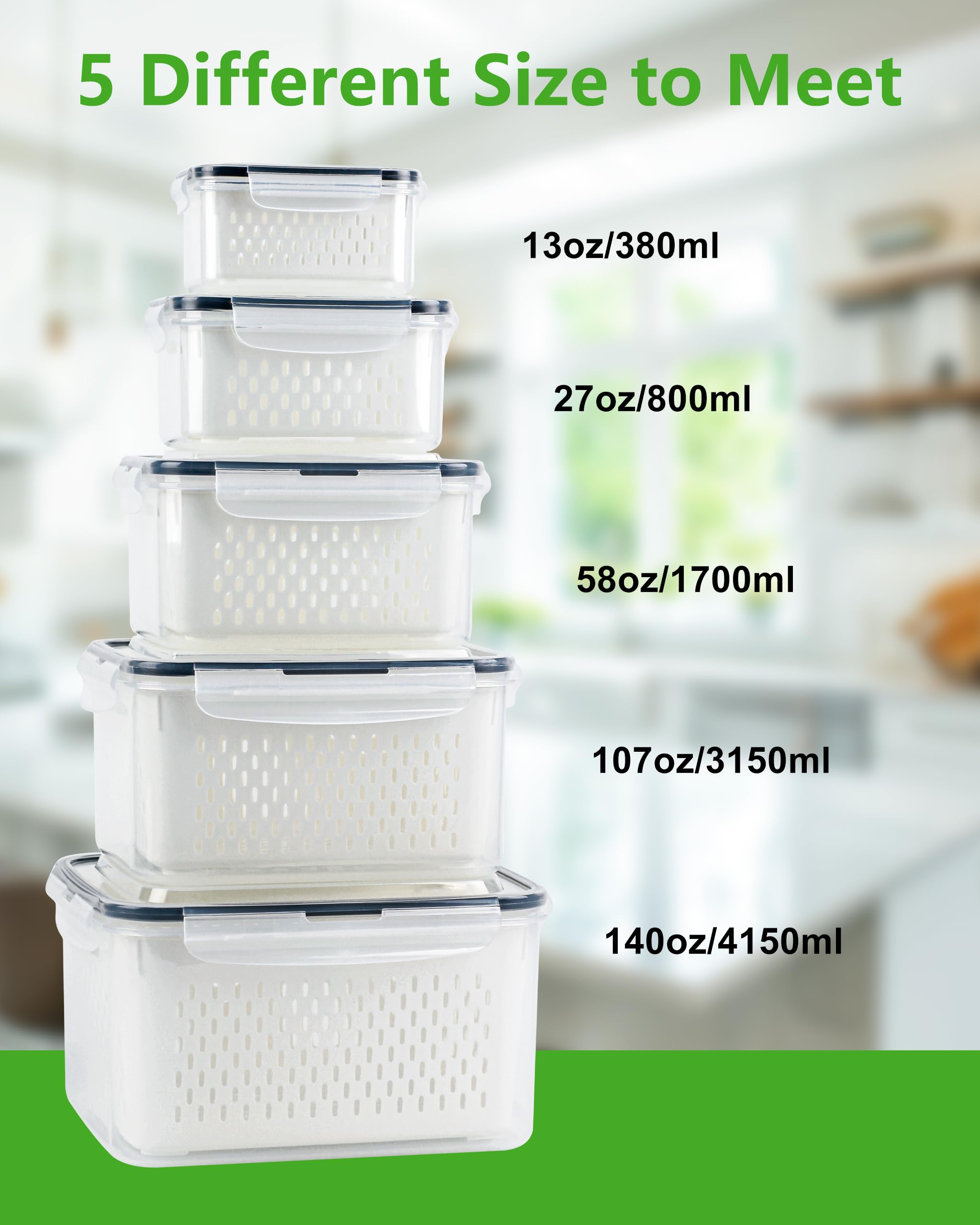 5 PCS Fruit Storage Containers for Fridge - Fruit Containers for Refrigerator with Removable Colander - Airtight Food Storage Container Keep Produce Vegetables Berry Fresh Longer