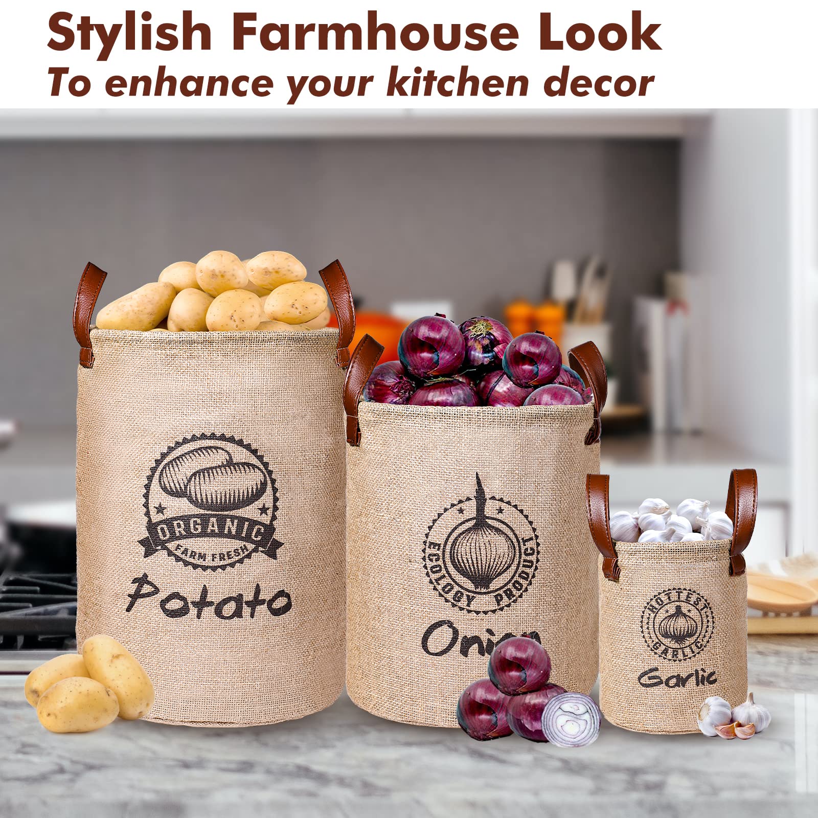Kamehame Potato and Onion Storage Baskets Pack of 3, Lined Burlap Pantry Storage Bins for Potato Onion Garlic with Handles