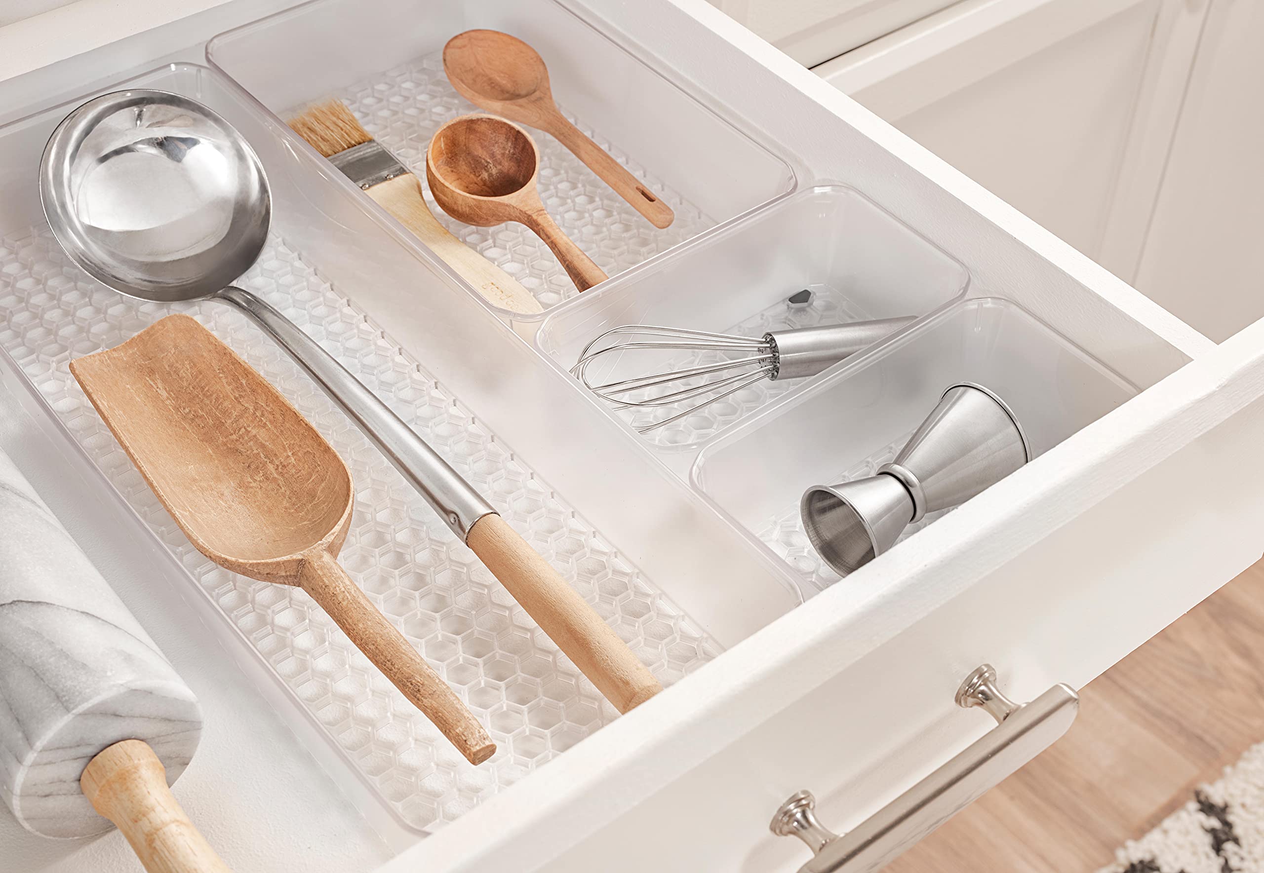Spectrum Diversified Hexa Set of 4 Assorted Storage Buildup-Resistant Kitchen & Bathroom Drawer Trays, Easy-to-Clean Bathroom & Kitchen Organizers, Clear Frost