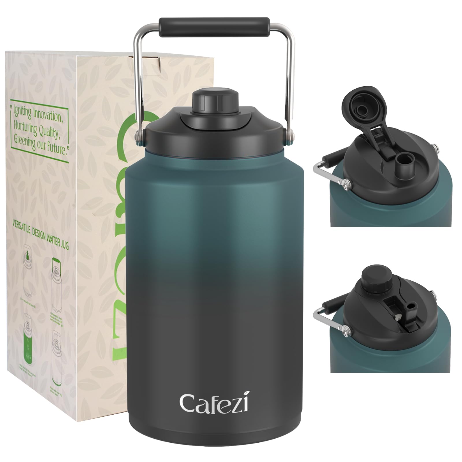 Cafezi 1 Gallon Water Jug, 2-in-1 LID, Flip Straw and Spout, Insulated Triple Wall 128 oz Water Bottle for Cold & Hot Drinks, Leak Proof, Top Handle, Great for Beach Days, Sports, Fishing, Camping