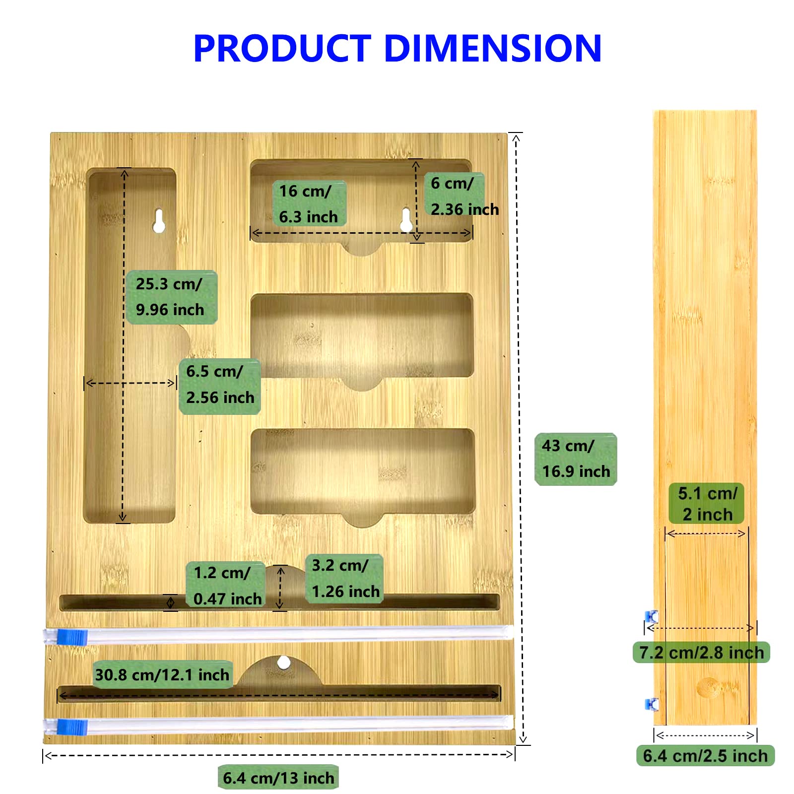 LQQBOX Bamboo Ziplock Bag Storage Organize, 6 in 1 Bamboo Wrap Dispenser Compatible with 12" Parchment Paper Roll Cutter for Gallon, Quart, Sandwich Bags, Roll etc