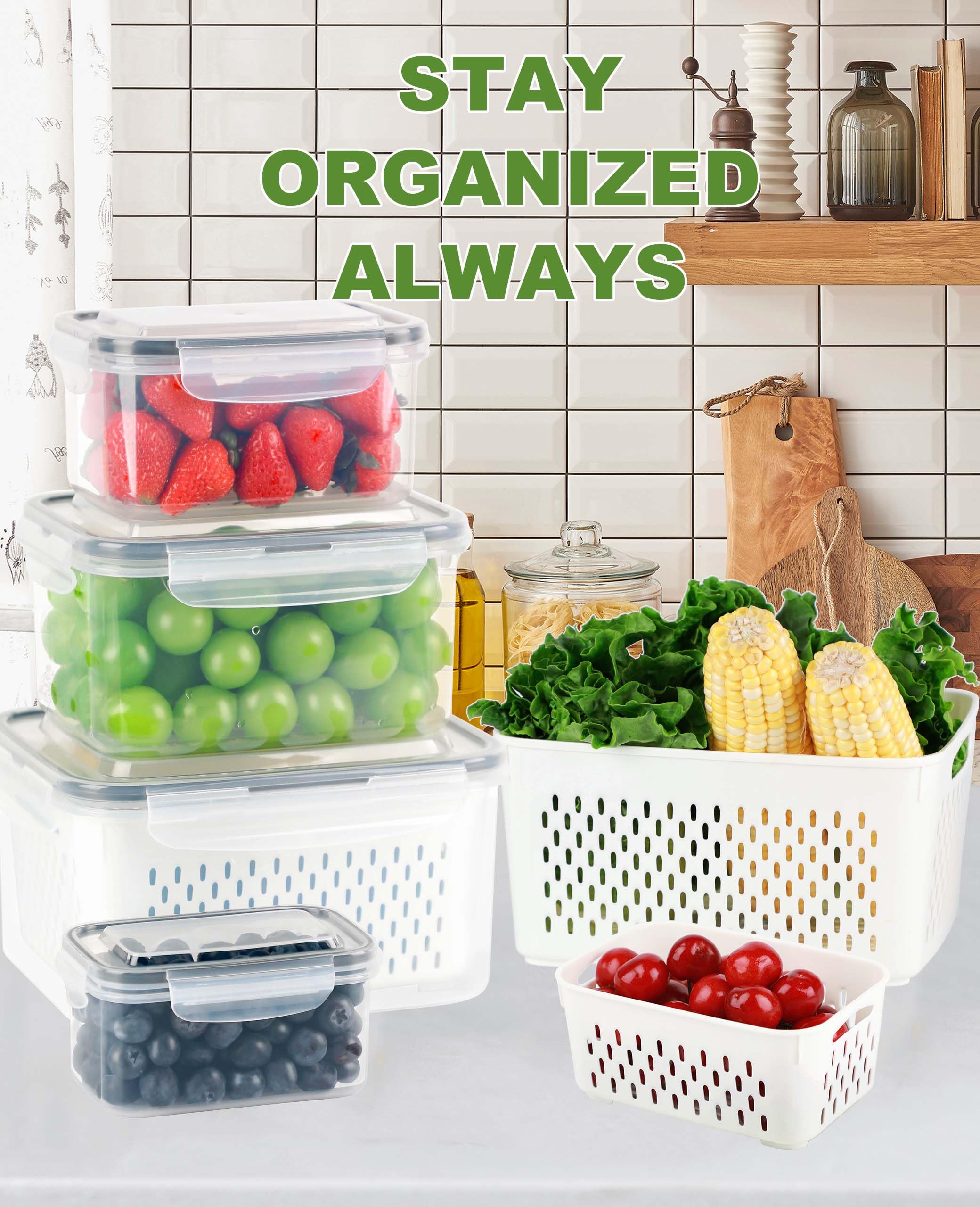 5 PCS Fruit Storage Containers for Fridge - Fruit Containers for Refrigerator with Removable Colander - Airtight Food Storage Container Keep Produce Vegetables Berry Fresh Longer