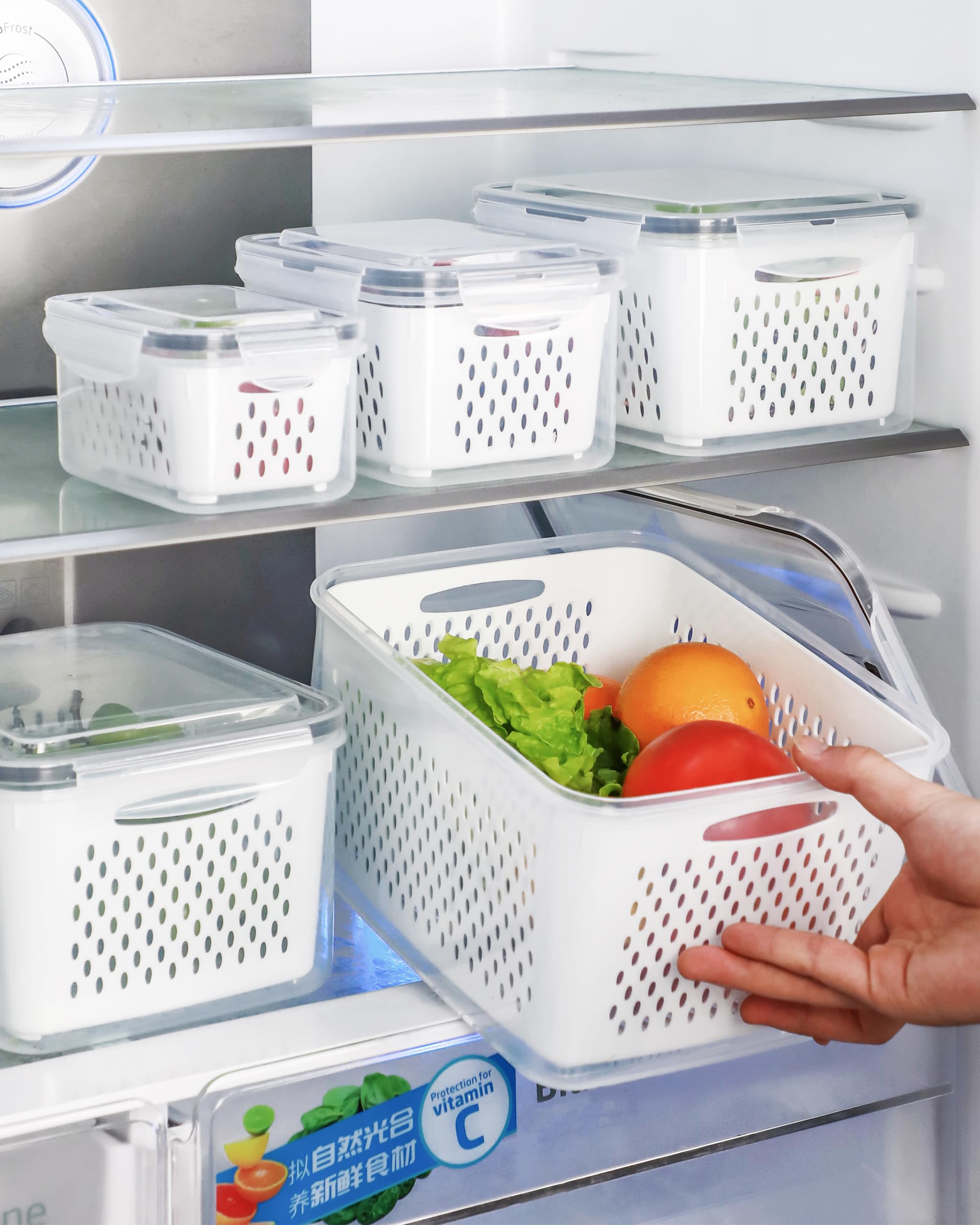 5 PCS Fruit Storage Containers for Fridge - Fruit Containers for Refrigerator with Removable Colander - Airtight Food Storage Container Keep Produce Vegetables Berry Fresh Longer