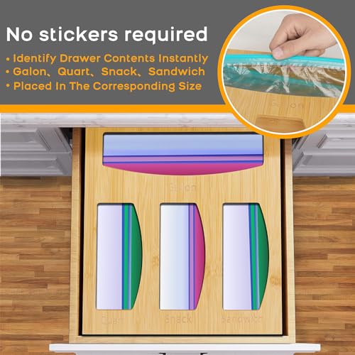 ARSHOPHIVE Bag Storage Organizer for Kitchen Drawer, Bamboo Organizer, Compatible with Gallon, Quart, Sandwich and Snack Variety Size Bag (1 Box 4 Slots) (Natural)