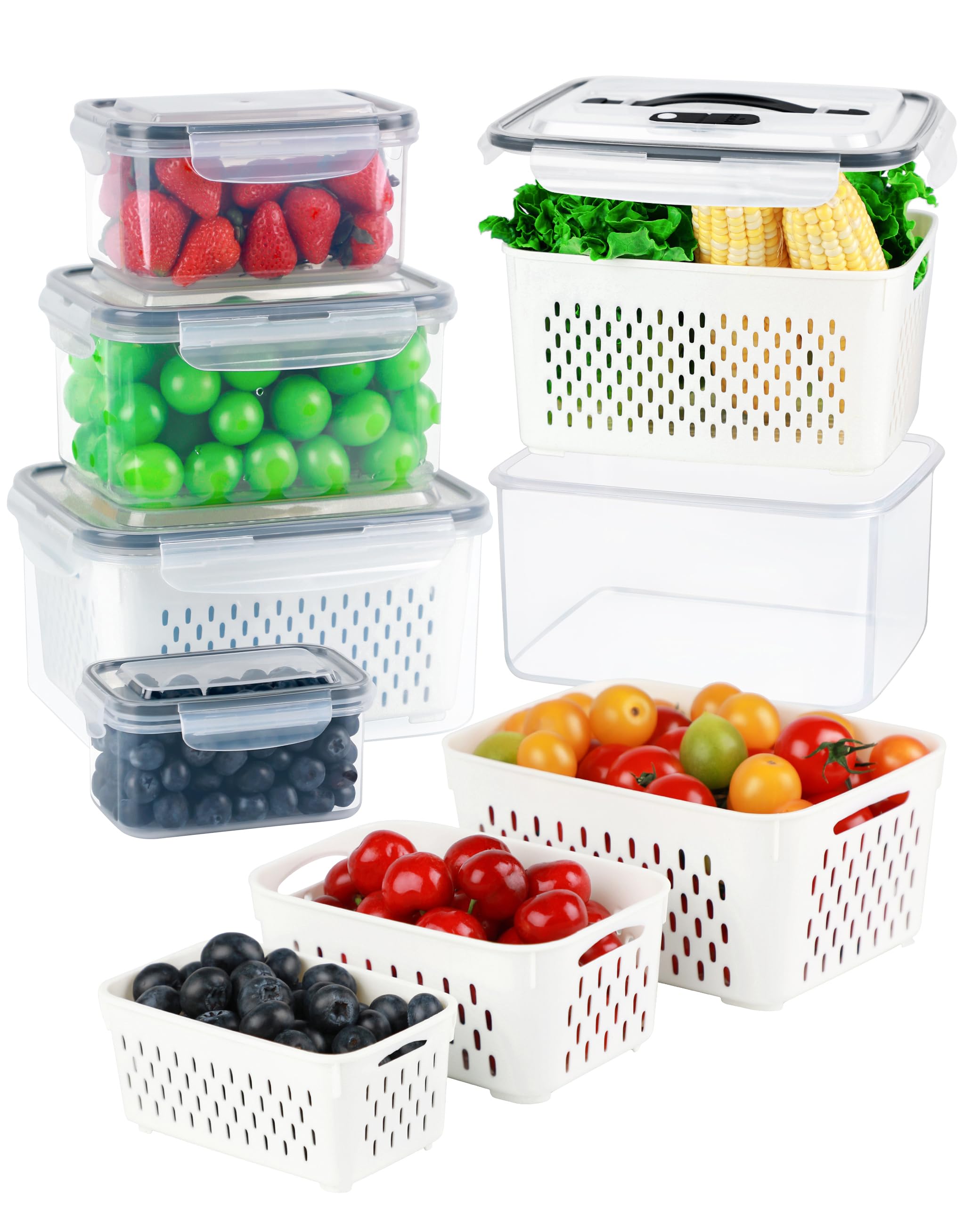 5 PCS Fruit Storage Containers for Fridge - Fruit Containers for Refrigerator with Removable Colander - Airtight Food Storage Container Keep Produce Vegetables Berry Fresh Longer