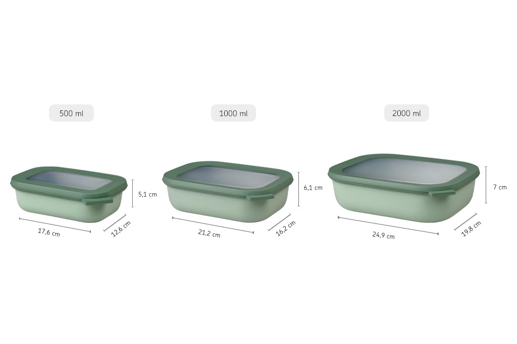 Mepal β Multi Bowl Cirqula 3-Piece Set β Food Storage Container with Lid - Suitable as Airtight Storage Box for Fridge & Freezer, Microwave Container & Servable Dish - 500, 1000, 2000ml - Nordic Sage