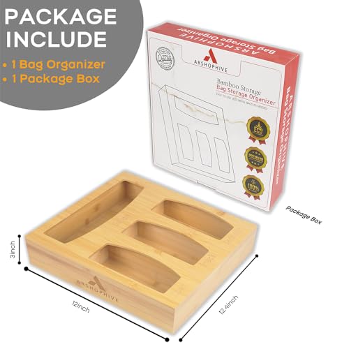 ARSHOPHIVE Bag Storage Organizer for Kitchen Drawer, Bamboo Organizer, Compatible with Gallon, Quart, Sandwich and Snack Variety Size Bag (1 Box 4 Slots) (Natural)