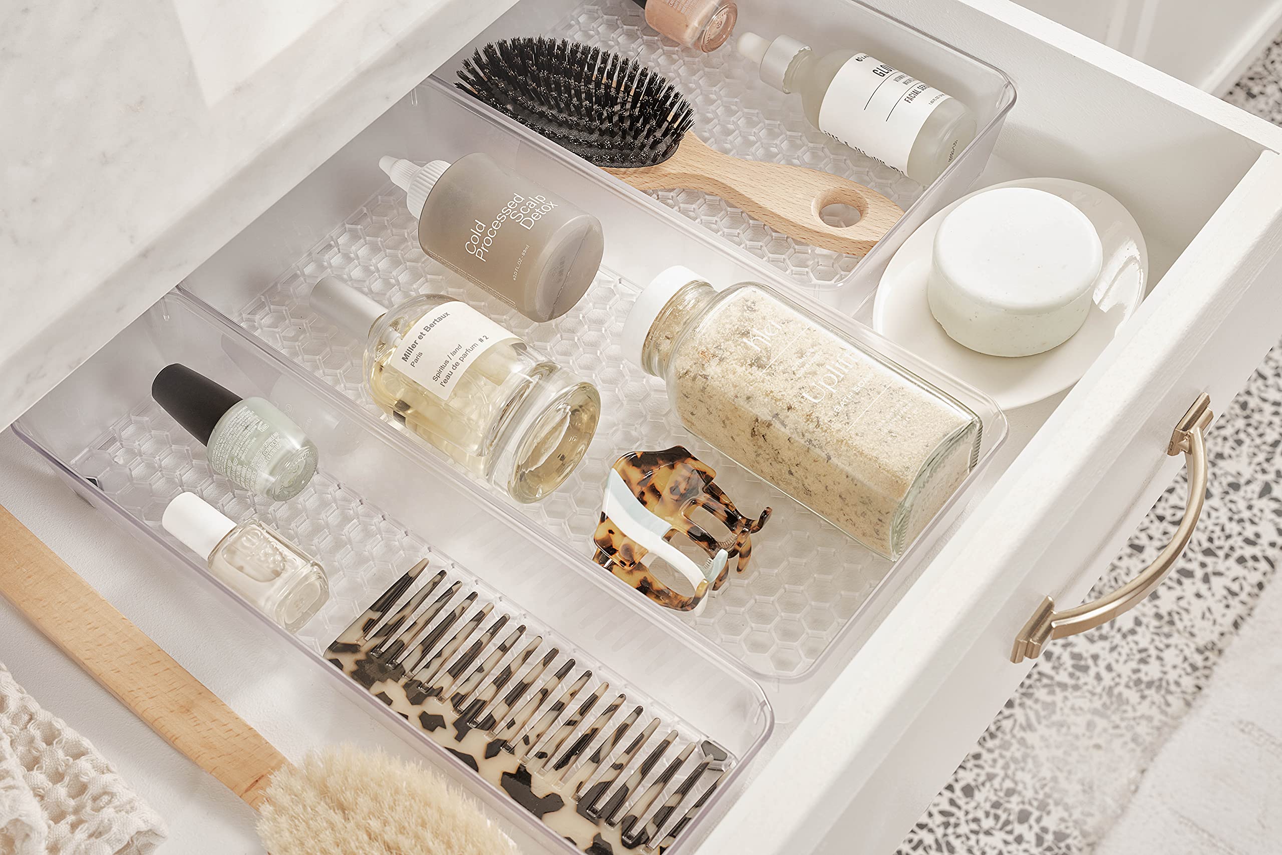 Spectrum Diversified Hexa Set of 4 Assorted Storage Buildup-Resistant Kitchen & Bathroom Drawer Trays, Easy-to-Clean Bathroom & Kitchen Organizers, Clear Frost