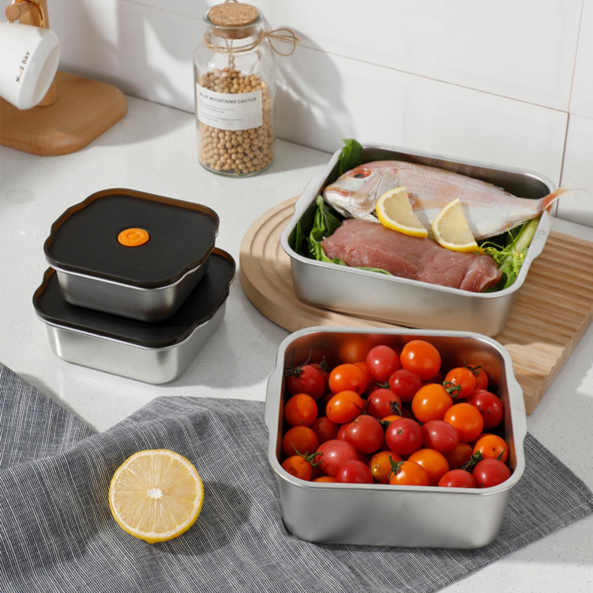 BEFOY Stainless Steel 101oz Big Food Storage Containers with Translucent Lid Food Lunch Box Containers Leak-proof Light Easy Set with Air Vent Snack Boxes (700/1700/3000)