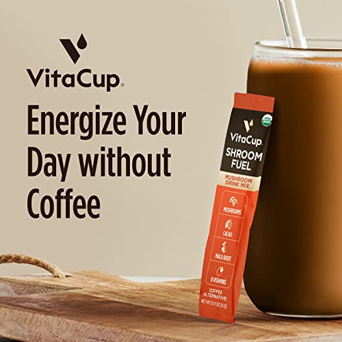 VitaCup Shroom Fuel, Mushroom Based Coffee Alternative Packets, Mushroom Coffee Substitute w/ Cacao, Cinnamon, Chaga, Lions Mane, & Maca for Energy, Immune Support, & Focus, 48 ct