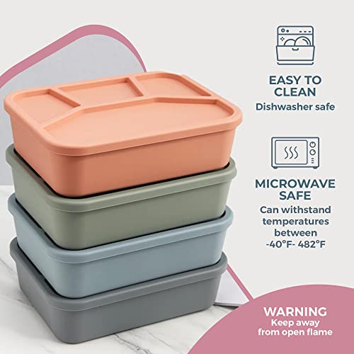 Spoondrift Eco-Friendly Leak Proof Silicone Bento Box Lunch Box, For Child And Adult, 4 Compartment, Choose from 6 Colors, Includes one box (Sage)