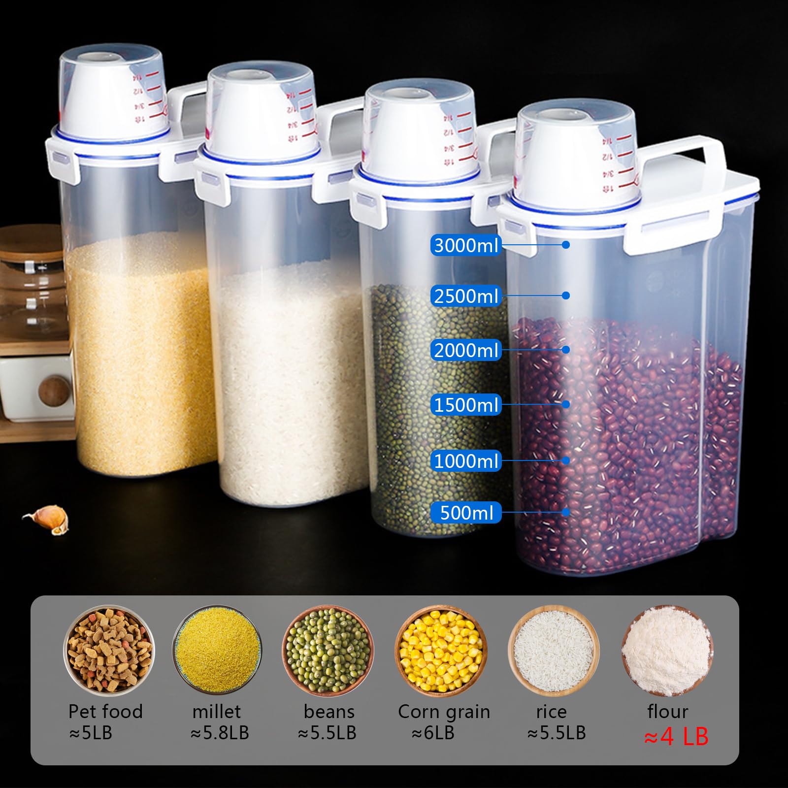 RRROOPP 4 sets 5.5 LB Rice Storage Bin Cereal Containers Dispenser with BPA Free Plastic + Airtight Design + Measuring Cup + Pour Spout - Perfect for Rice Flour Baking Supplies Pet Dog Food Storage