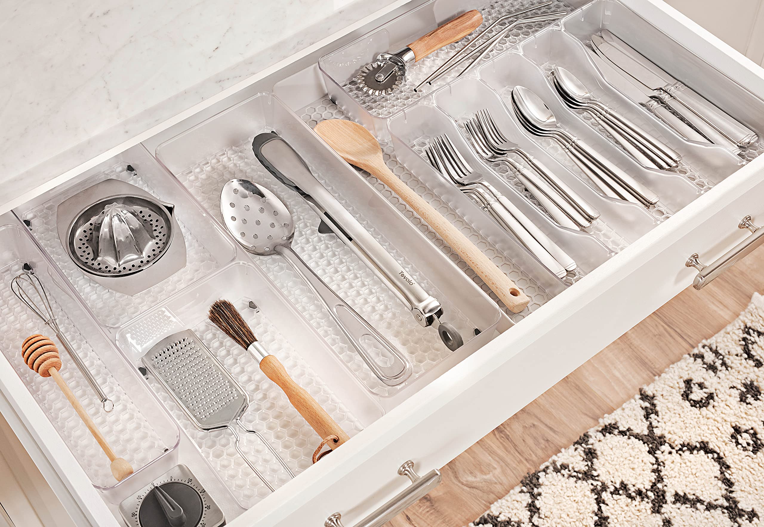 Spectrum Diversified Hexa Set of 4 Assorted Storage Buildup-Resistant Kitchen & Bathroom Drawer Trays, Easy-to-Clean Bathroom & Kitchen Organizers, Clear Frost
