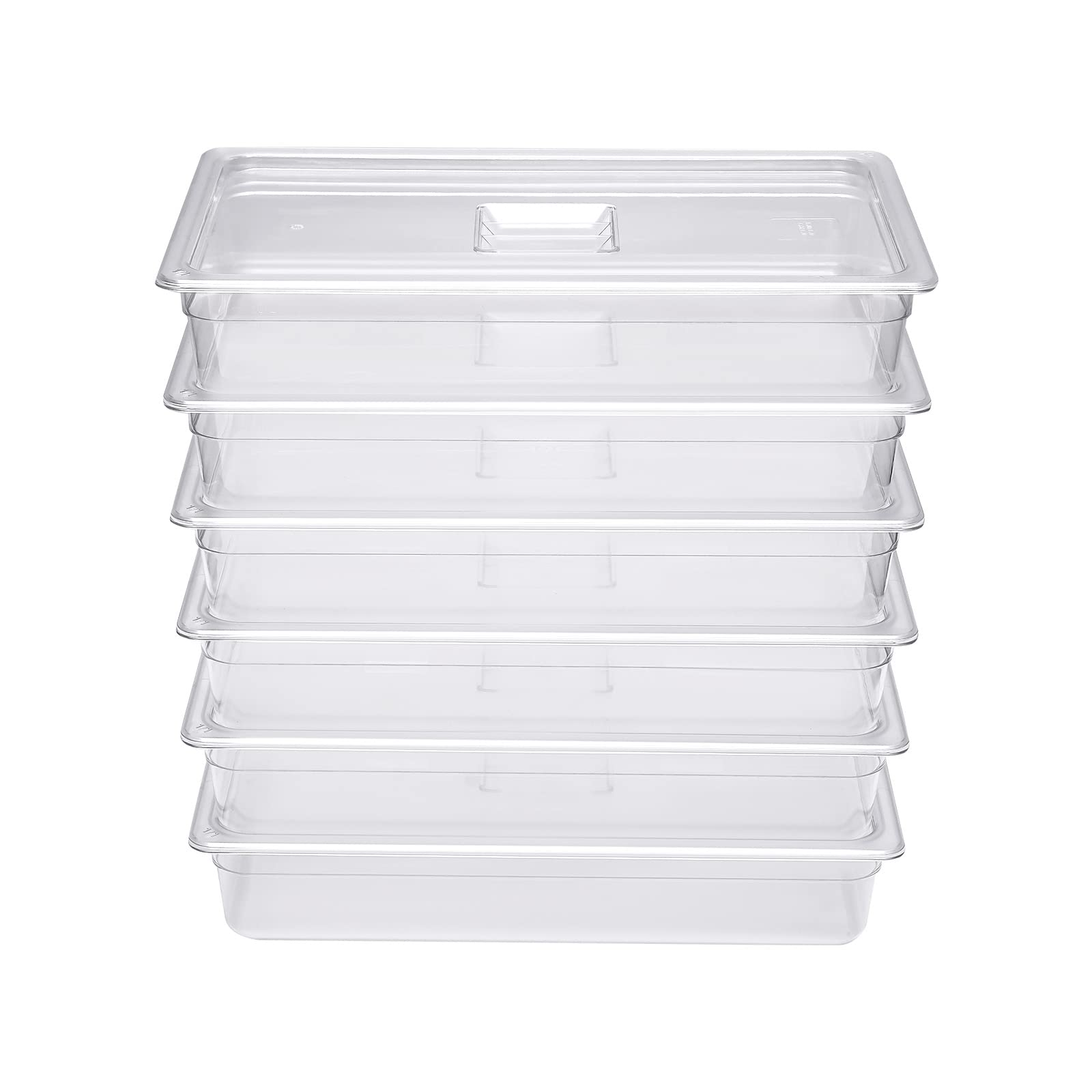 DYNAMI 6 Pack Food Pans with Lids,Full Size 4in Deep Commercial Clear PC Square Food Storage Containers,Heat-Resistant,Freezer-Safe To Store Vegetables,Fruits, Meats, Grains, for Kitchen Restaurant