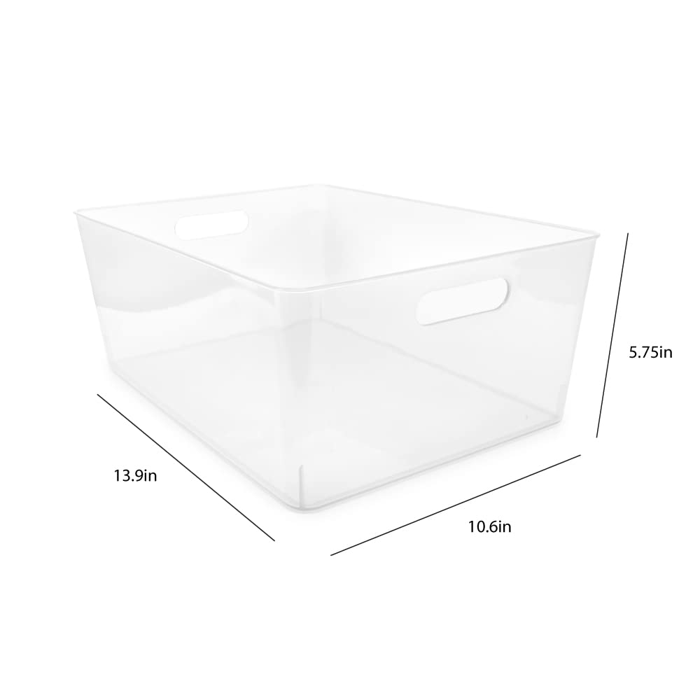 Isaac Jacobs 3-Pack XL Clear Storage Bins (12” L x 11.1” W x 7” H) with Cutout Handles, Plastic Organizer for Home, Office, Kitchen, Fridge/Freezer, Drawers, BPA Free, Food Safe (3-Pack, Extra-Large)