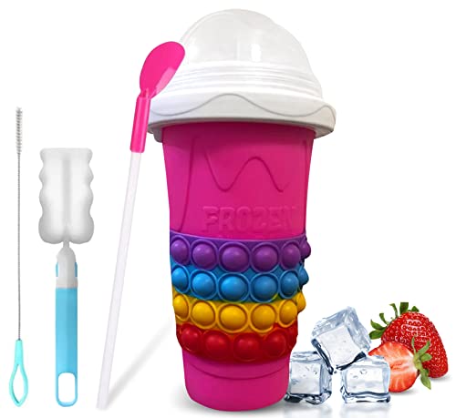 Pink Instant Slushie Cup,1 Pack Slushy Cup Maker Tiktok, Slush Squeeze Cup for Quick Diy with Straw Spoon, Cup Brush, Straw Brush, & Pop-It Cup Sleeve