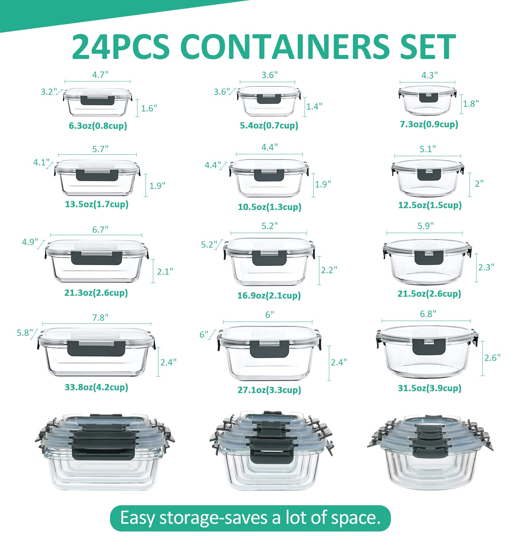 KOMUEE 10 Packs 30 oz Glass Meal Prep Containers 2 Compartment and 24 Pieces Glass Food Storage Containers with Lids, BPA Free and Airtight