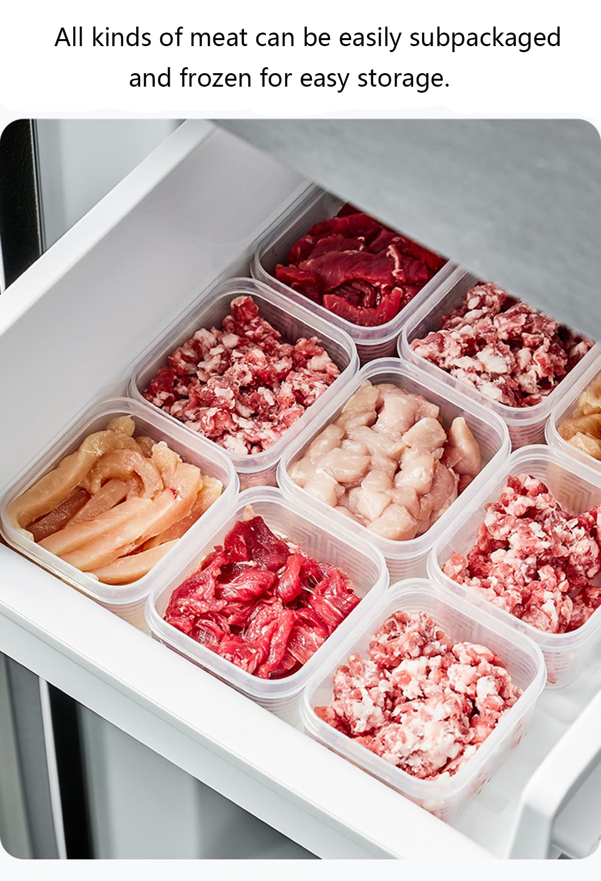 RabyLeo Japanese-style refrigerator storage box one person eats frozen meat sub-compartment box frozen fresh-keeping food sauce sealed sub-package box. (Transparent & Small 4-Piece Set)