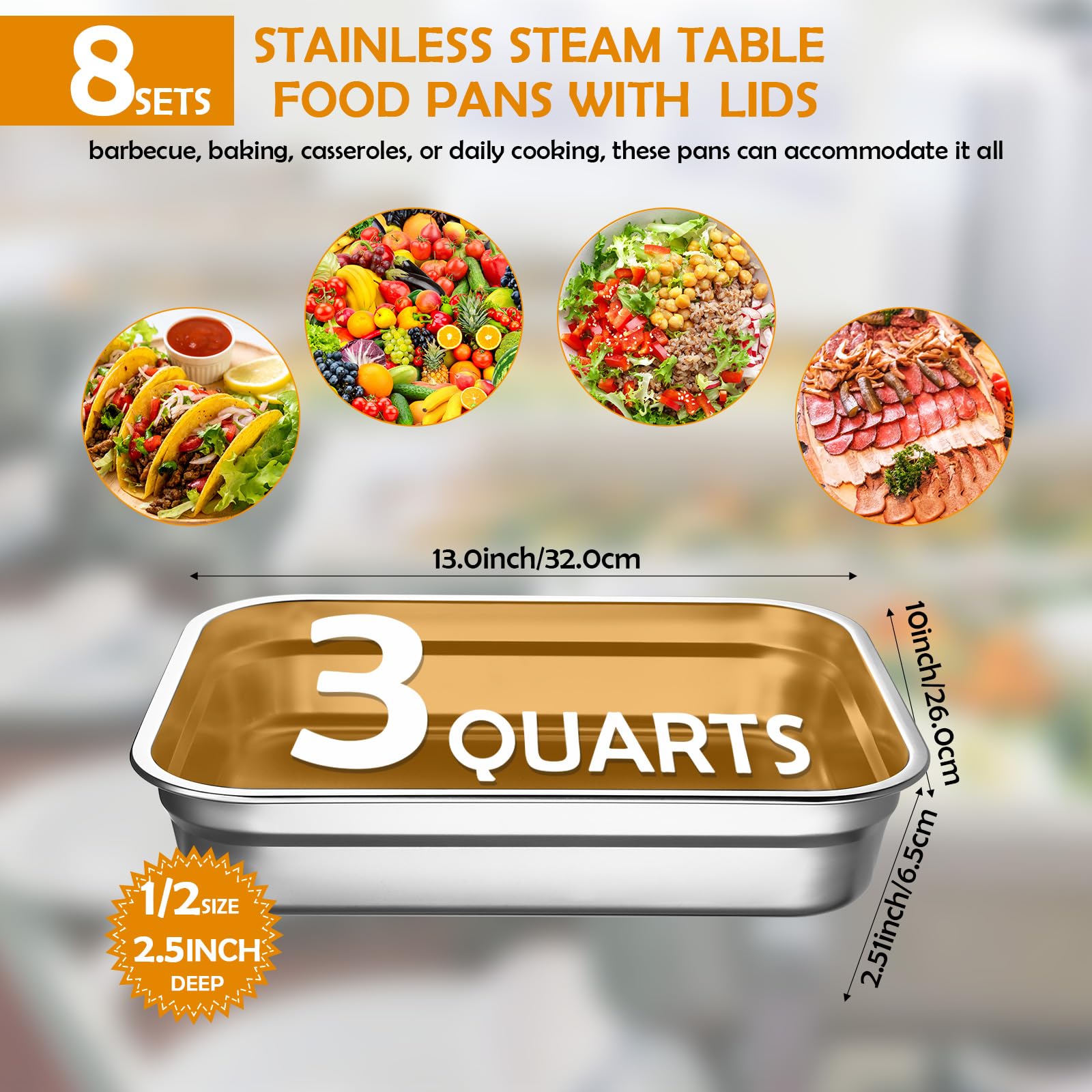Suttmin 8 Pcs Stainless Steel Food Storage Containers with Lids Hotel Pans Chicken Food Grade Pans Metal Meal Food Containers for Restaurant Stackable Kitchen Freezer Buffet(2.6 Inch Deep)