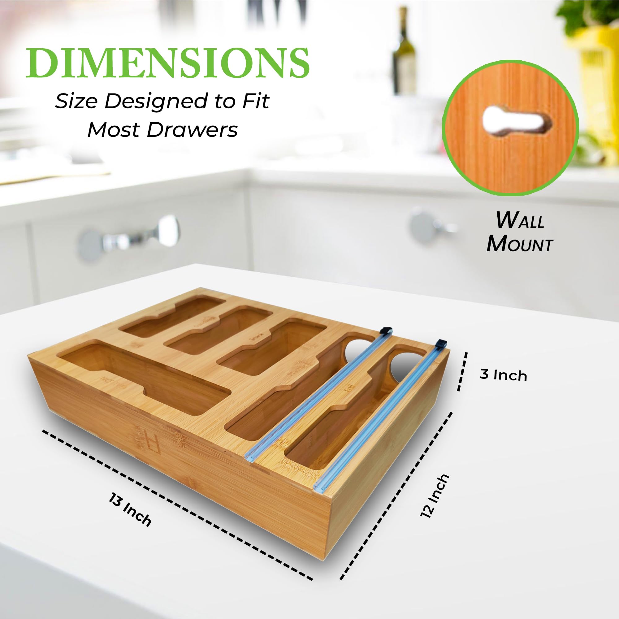 Bamboo 6 in 1 Food Storage Bag Organizer for Kitchen Drawer Baggie Container Dispenser Food Storage Bag Holder for Sandwich - Nuts, Cookies & Snack Variety Size Bags, Compatible with Ziploc,Gallon