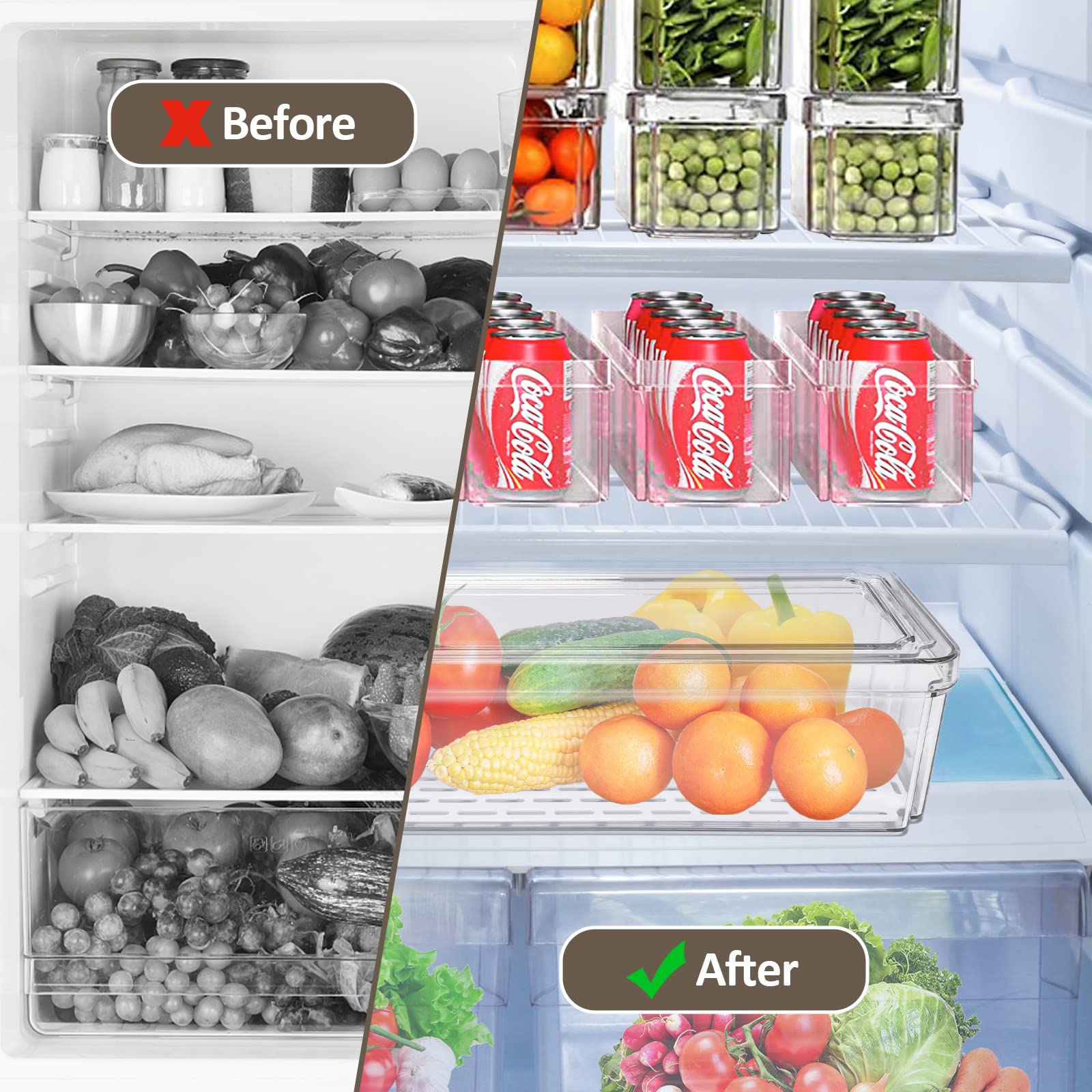 Jiazonsong 14 Pack Fridge Organizer, Stackable BPA-Free Refrigerator Organizer Bins with Lids, Fruit Storage Containers for Fruit Vegetable Food Drinks Cereals Clear
